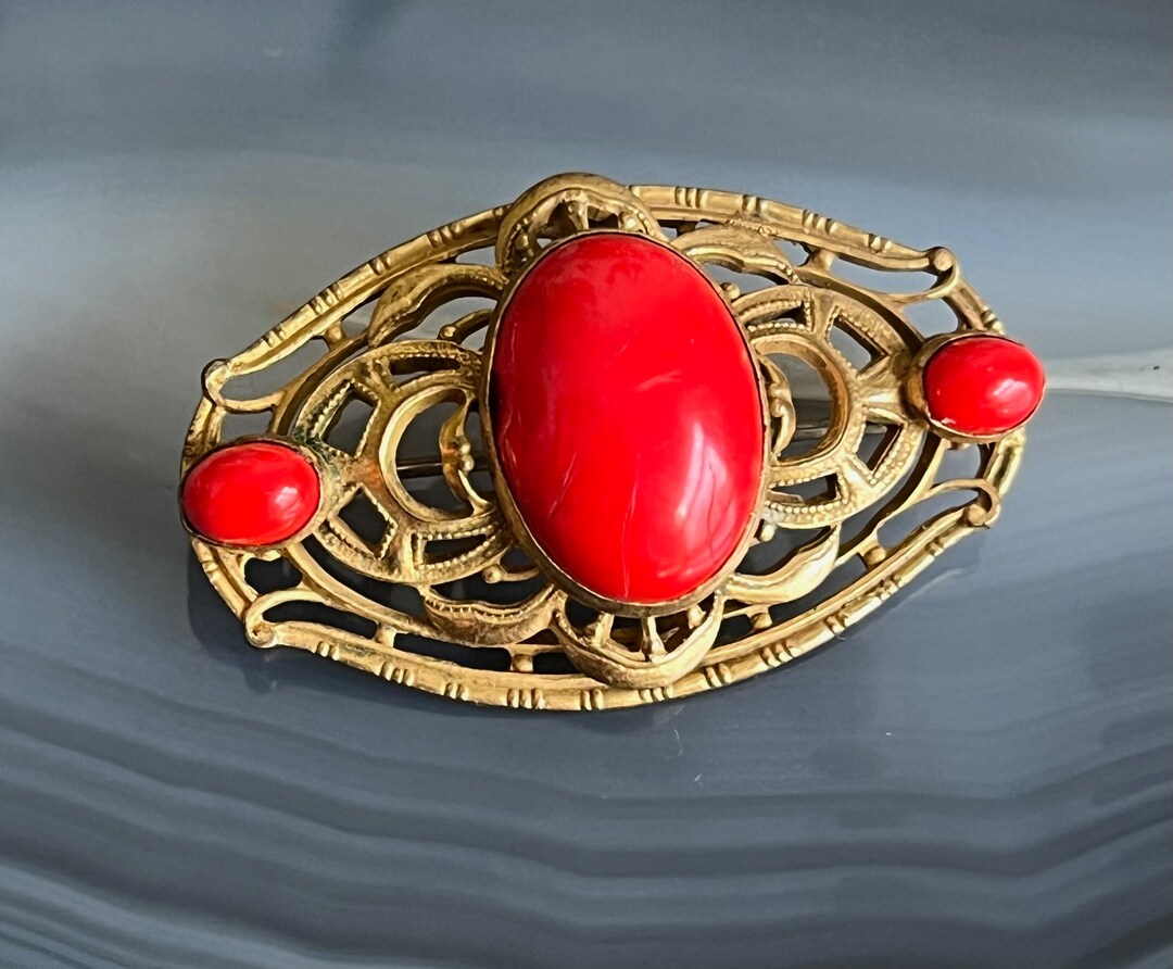 Antique Czech Gold Tone Metal Brooch With Red Glass Cabochons - Etsy