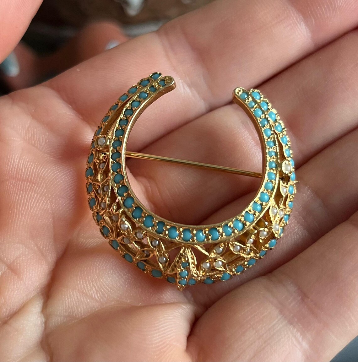 Vintage Victorian Revival Simulated Turquoise Seed Pearl Crescent Moon ...
