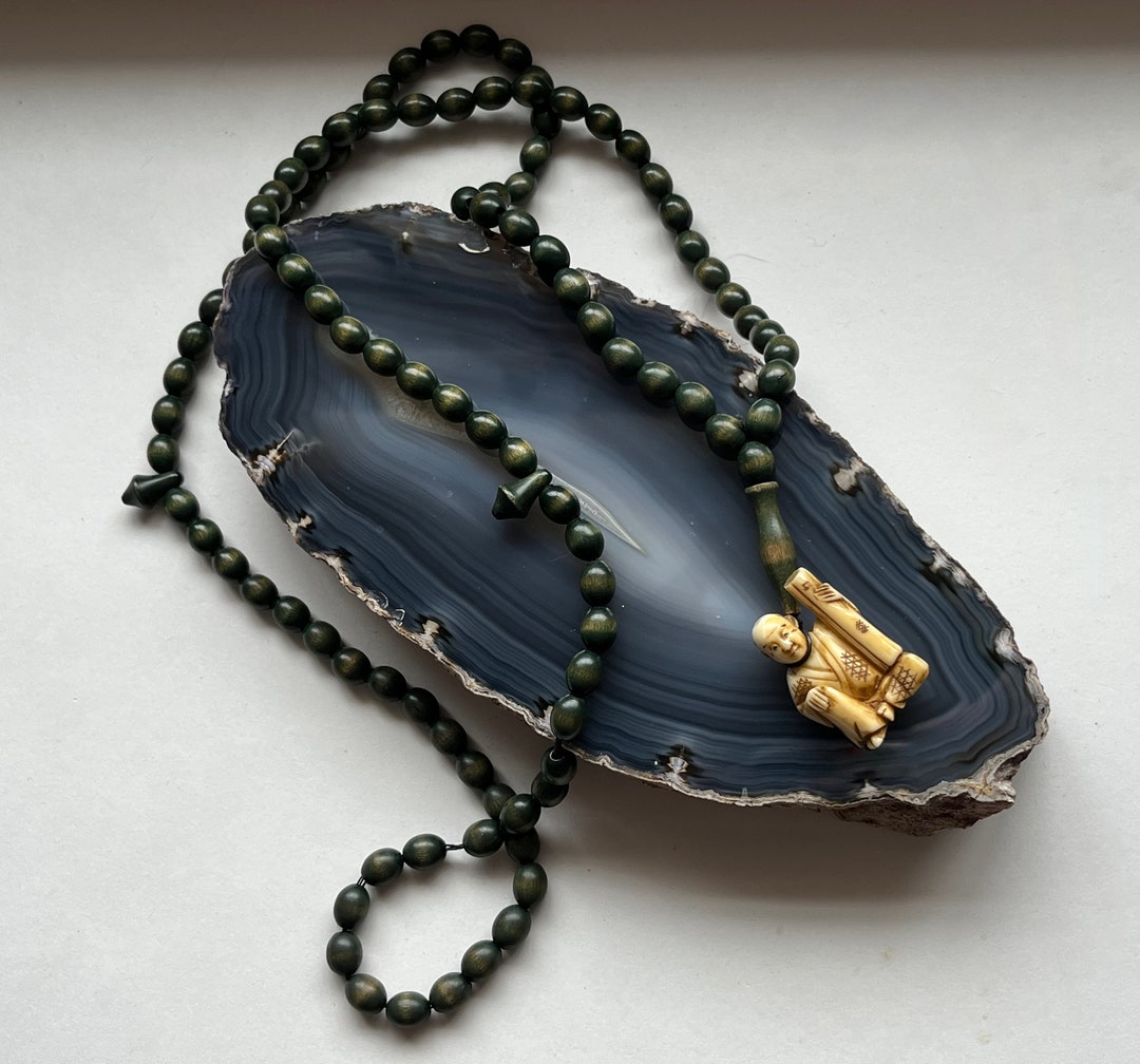 Antique Tibetan Japanese Wooden Mala Prayer Beads Carved Scholar or ...