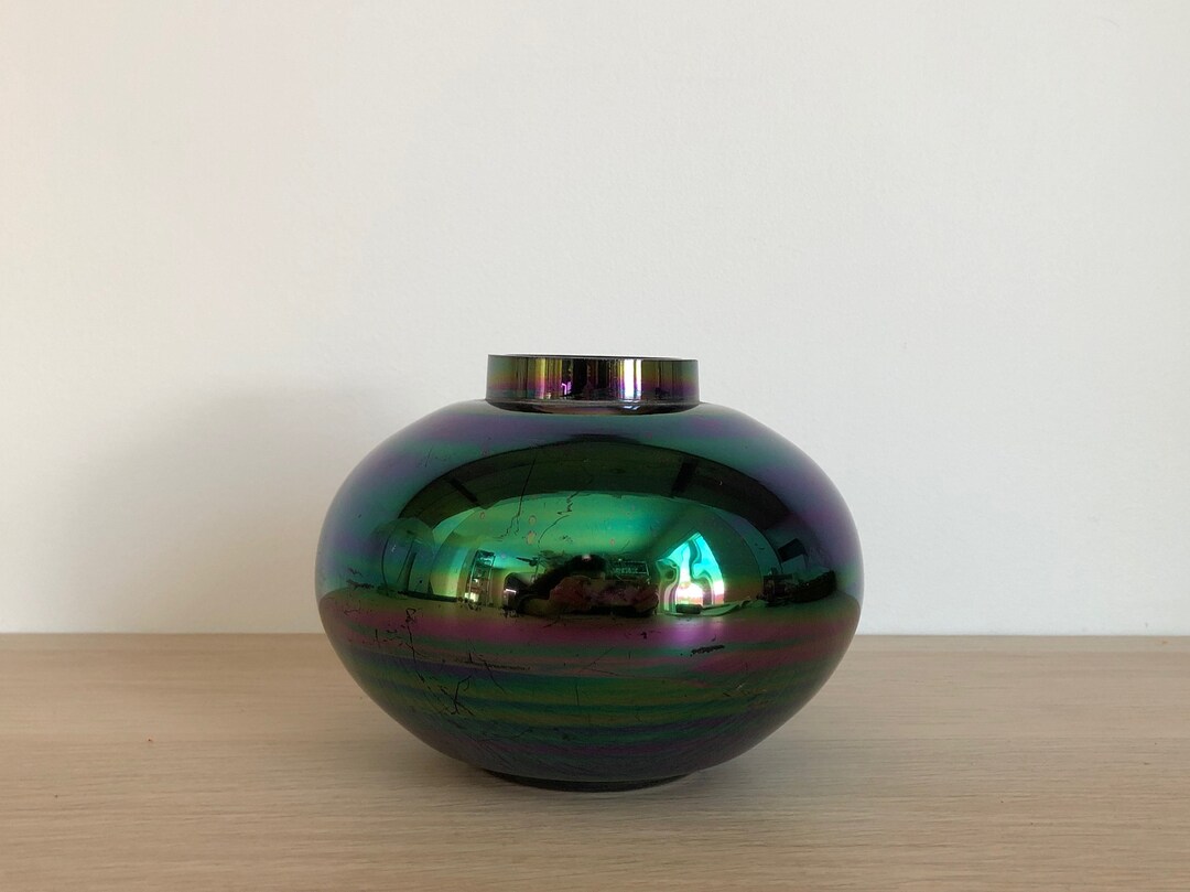 Vintage Art Glass Oil Slick Black Iridescent Vase - Etsy