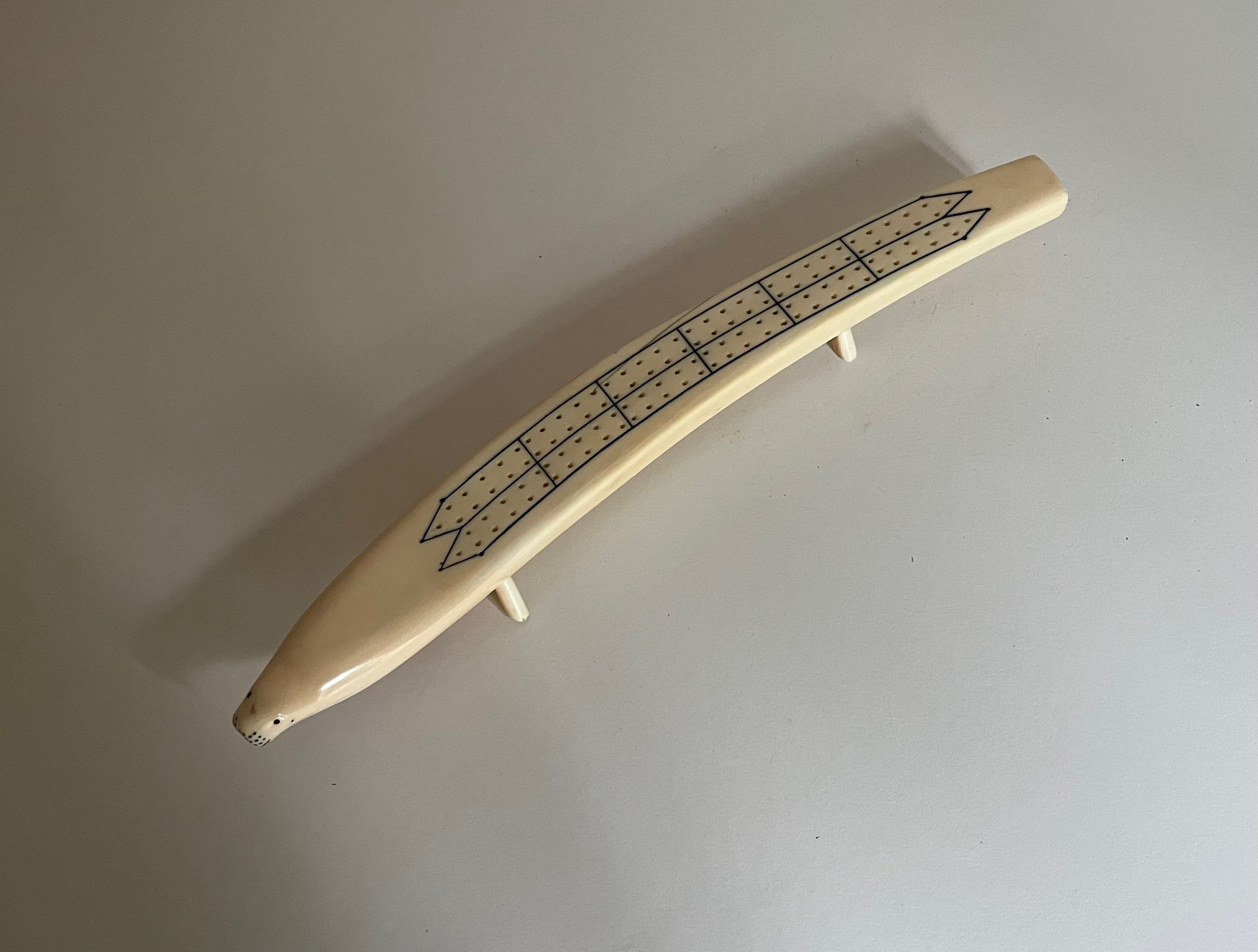 Carved Walrus Tusk Ivory Cribbage Board
