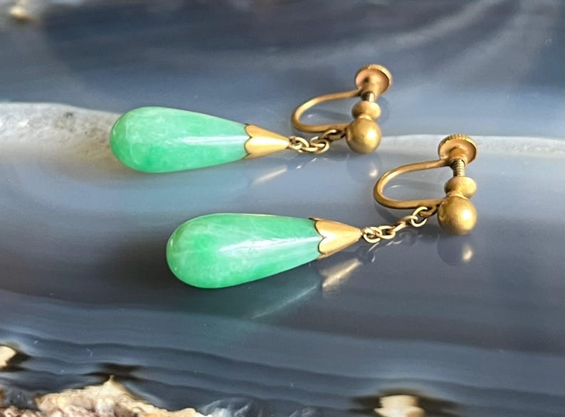 Antique 14K Gold Screw Back Apple Green Jade Jadeite Drop Dangle ...