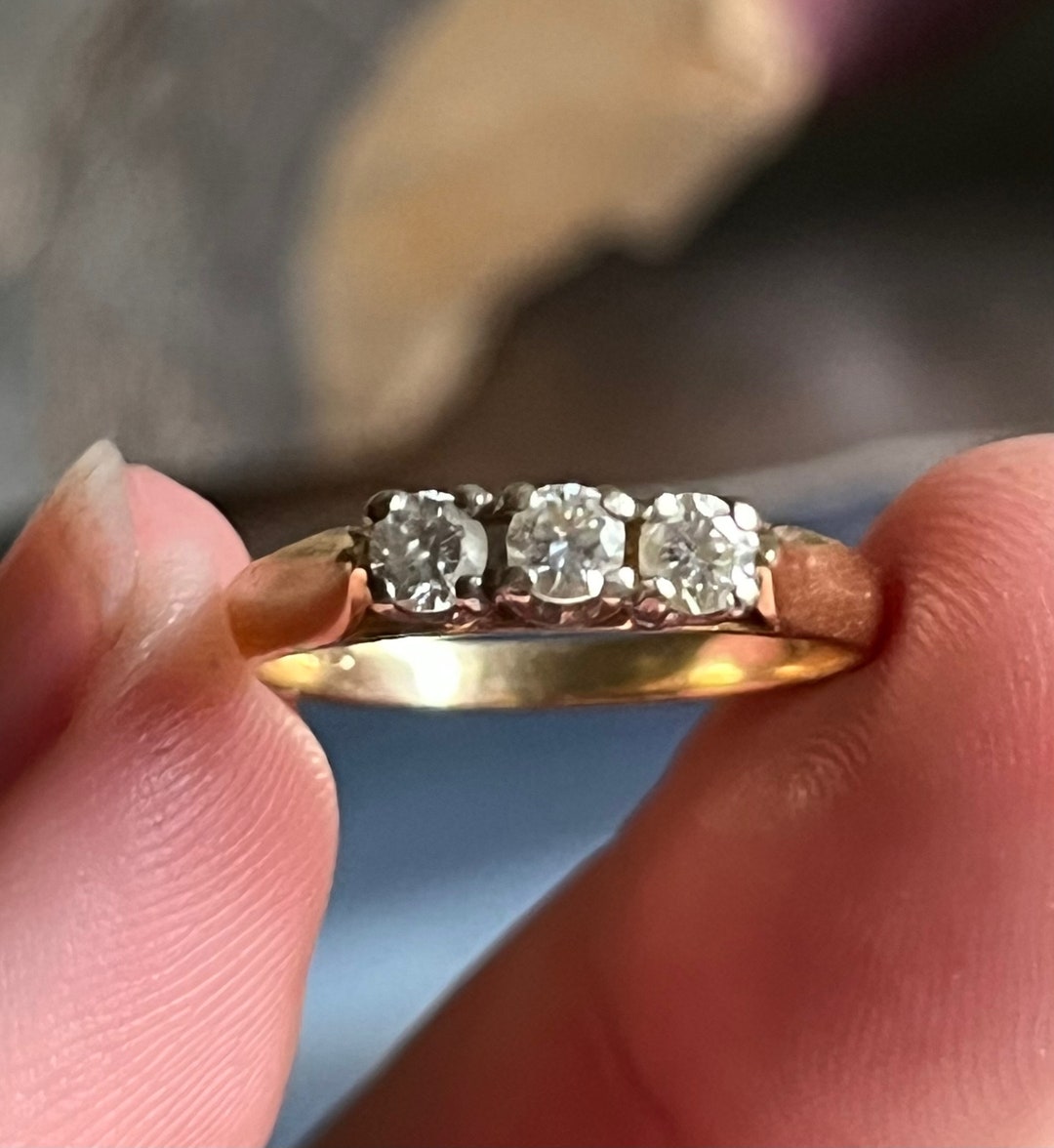 Vintage 18K Gold High Mount Diamond Trilogy Anniversary Stacking Band ...