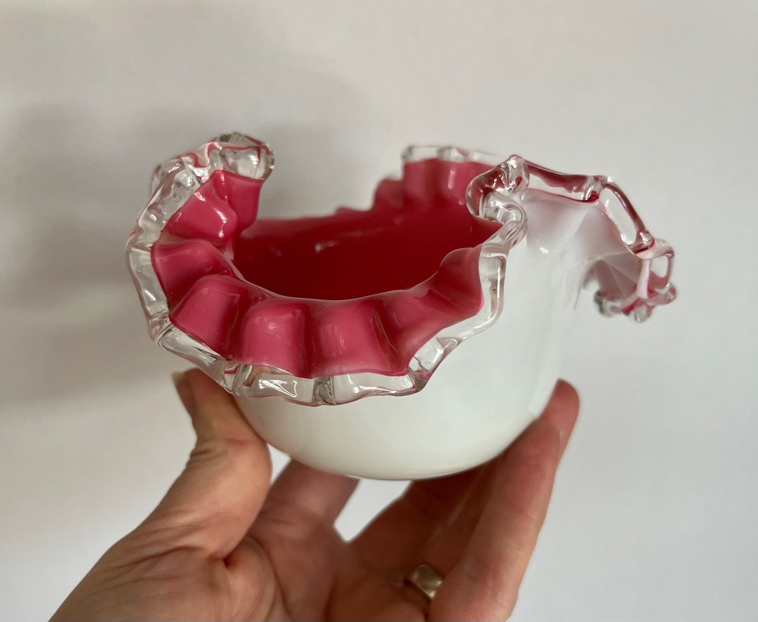 Antique Fenton Rosecrest Pink and Milk Glass Ruffled Rim Candy Dish ...