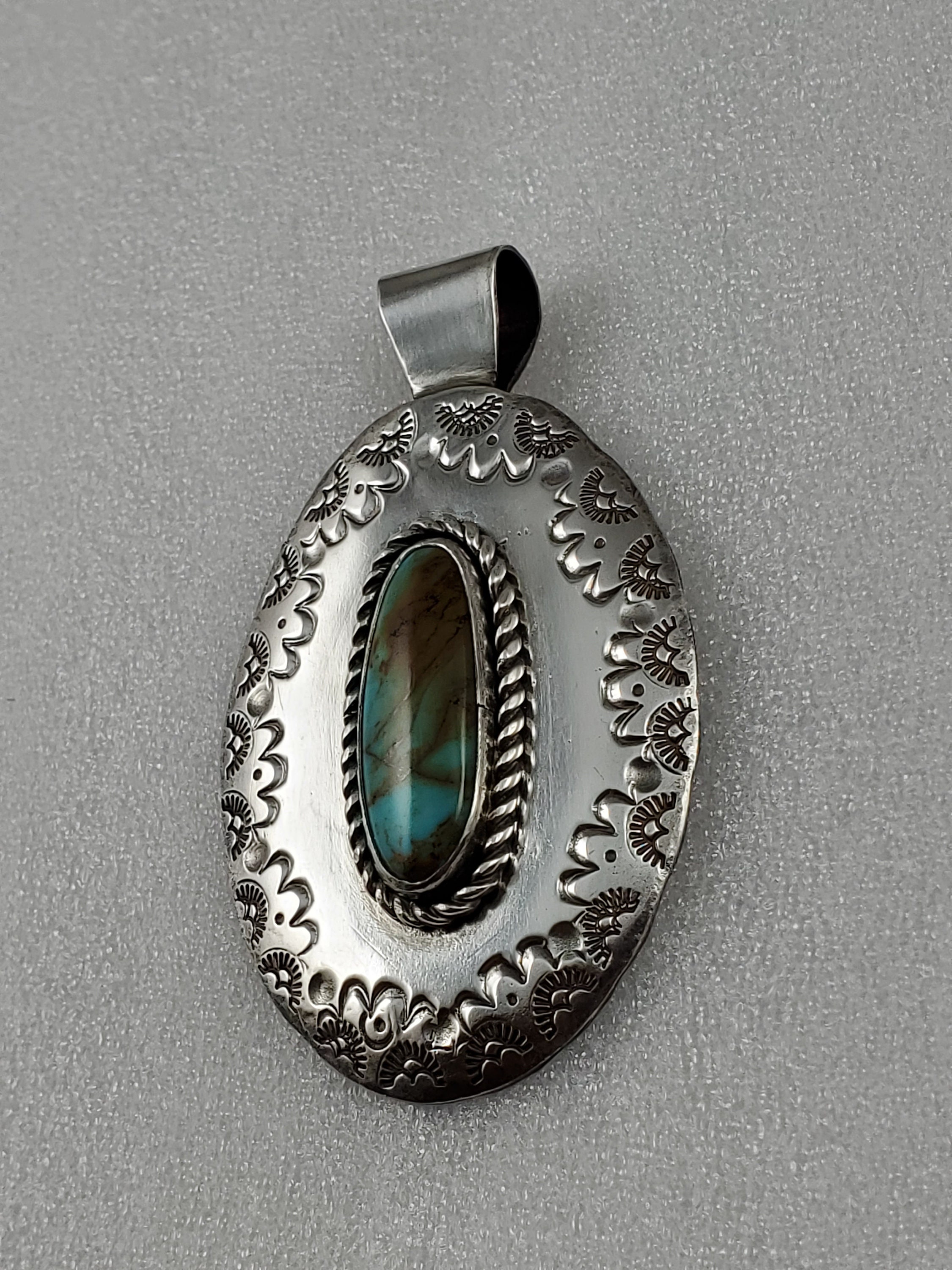 Rising Phoenix Turquoise Oval Pendant Hand Stamped in Sterling Silver P ...