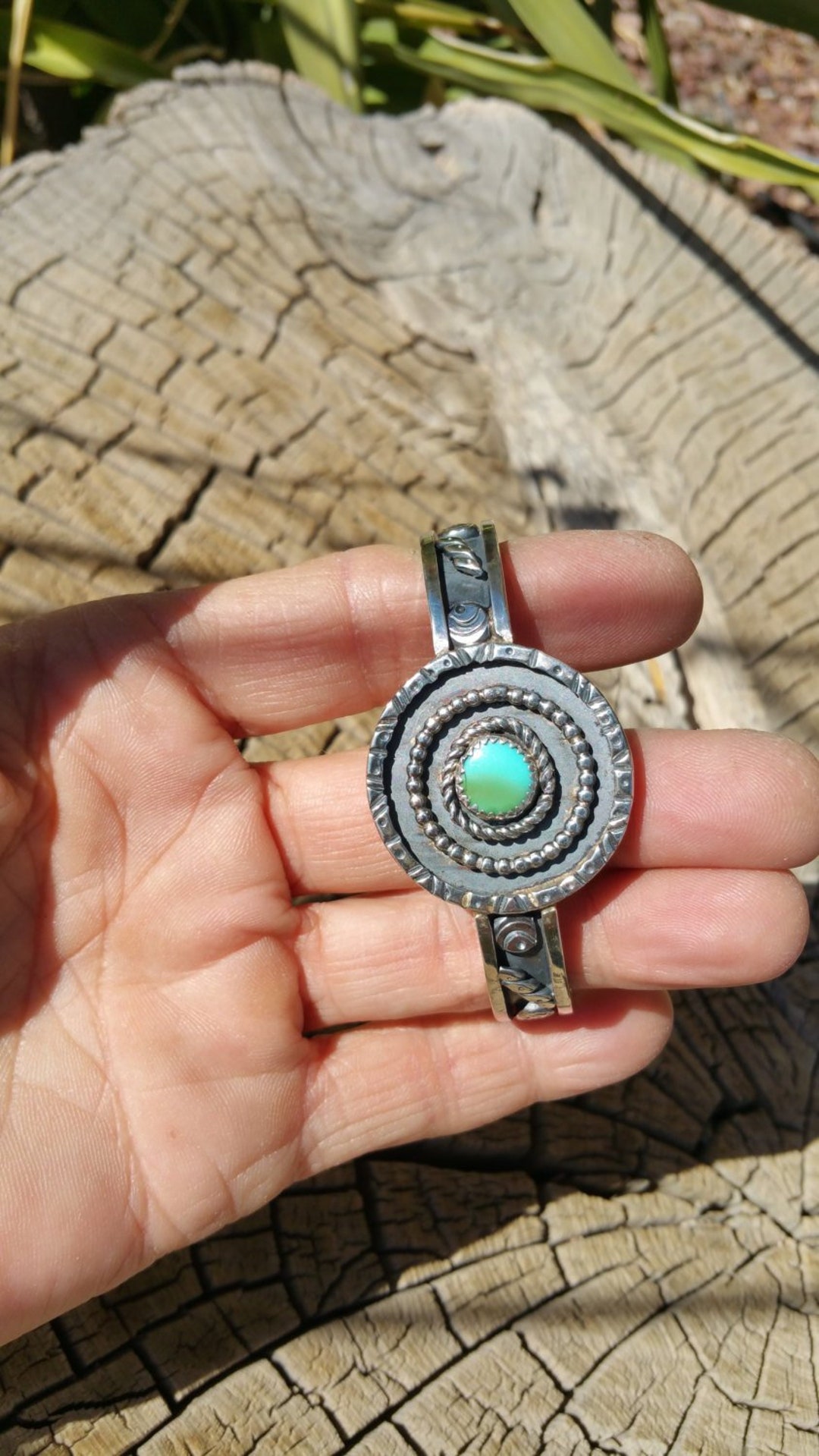Green Fox Turquoise in Circle Single Band Hand Stamped Sterling Silver ...