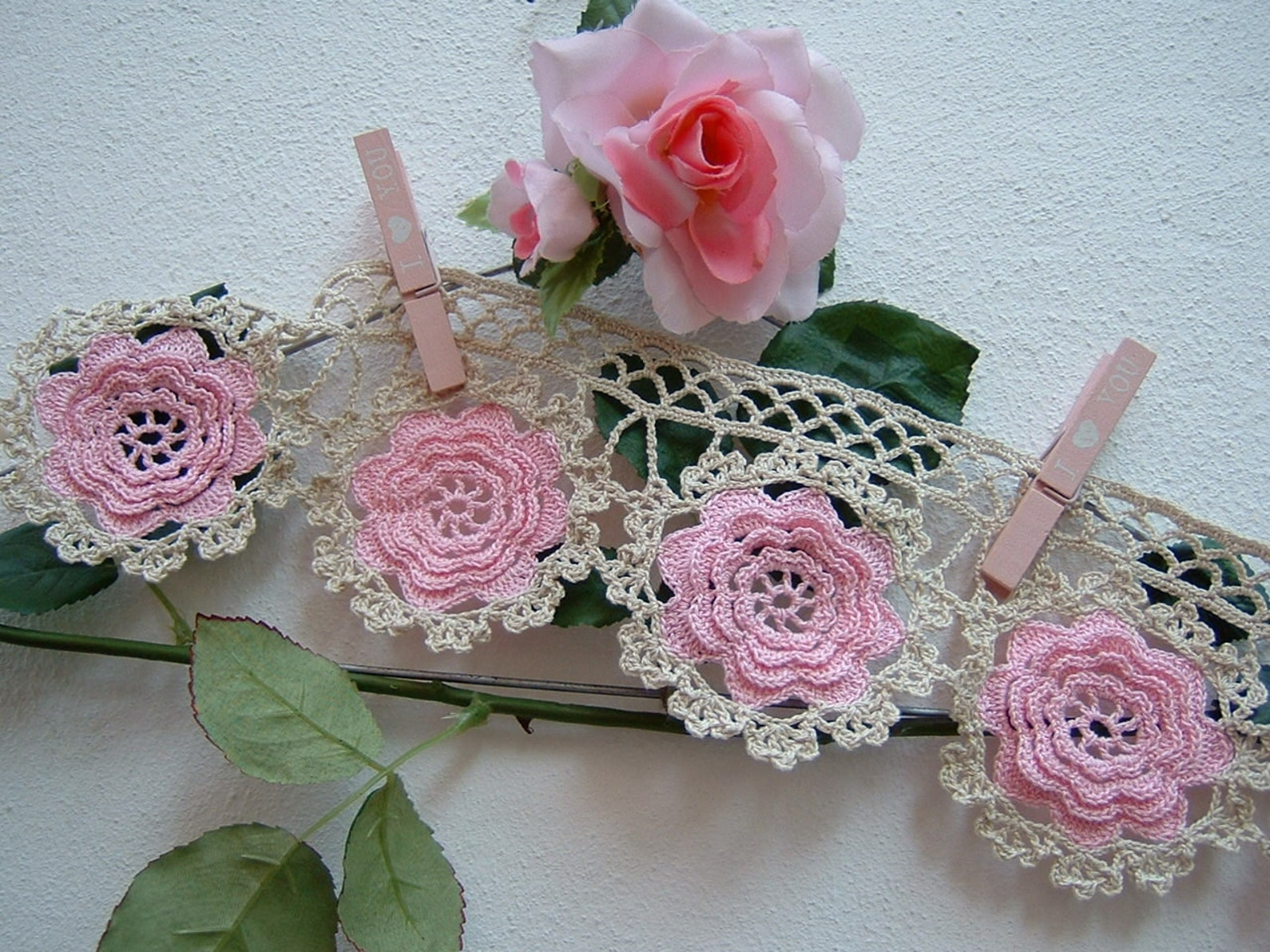 Crochet Lace Border With Pink Roses-colorful Border to Apply-pink and ...