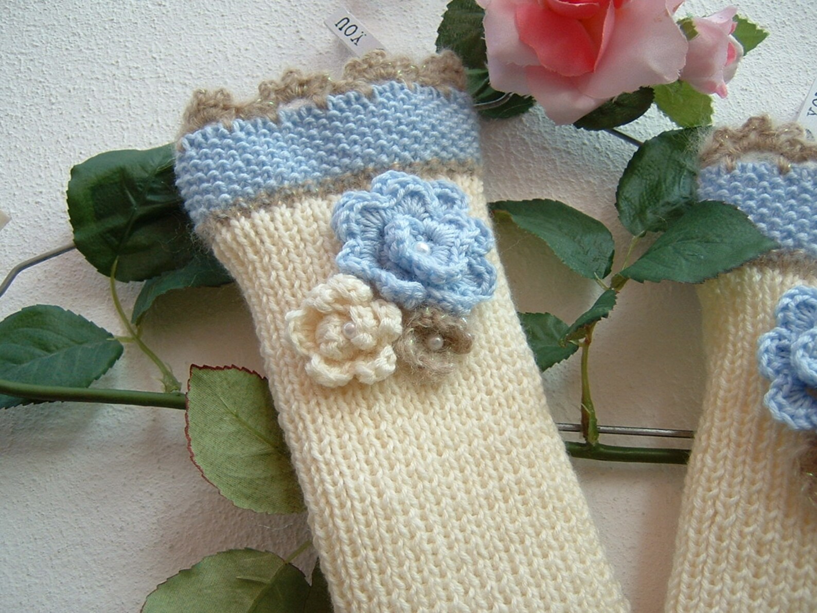 Ivory, Light Blue and Beige Wool Sleeves Knitted Half Gloves With ...