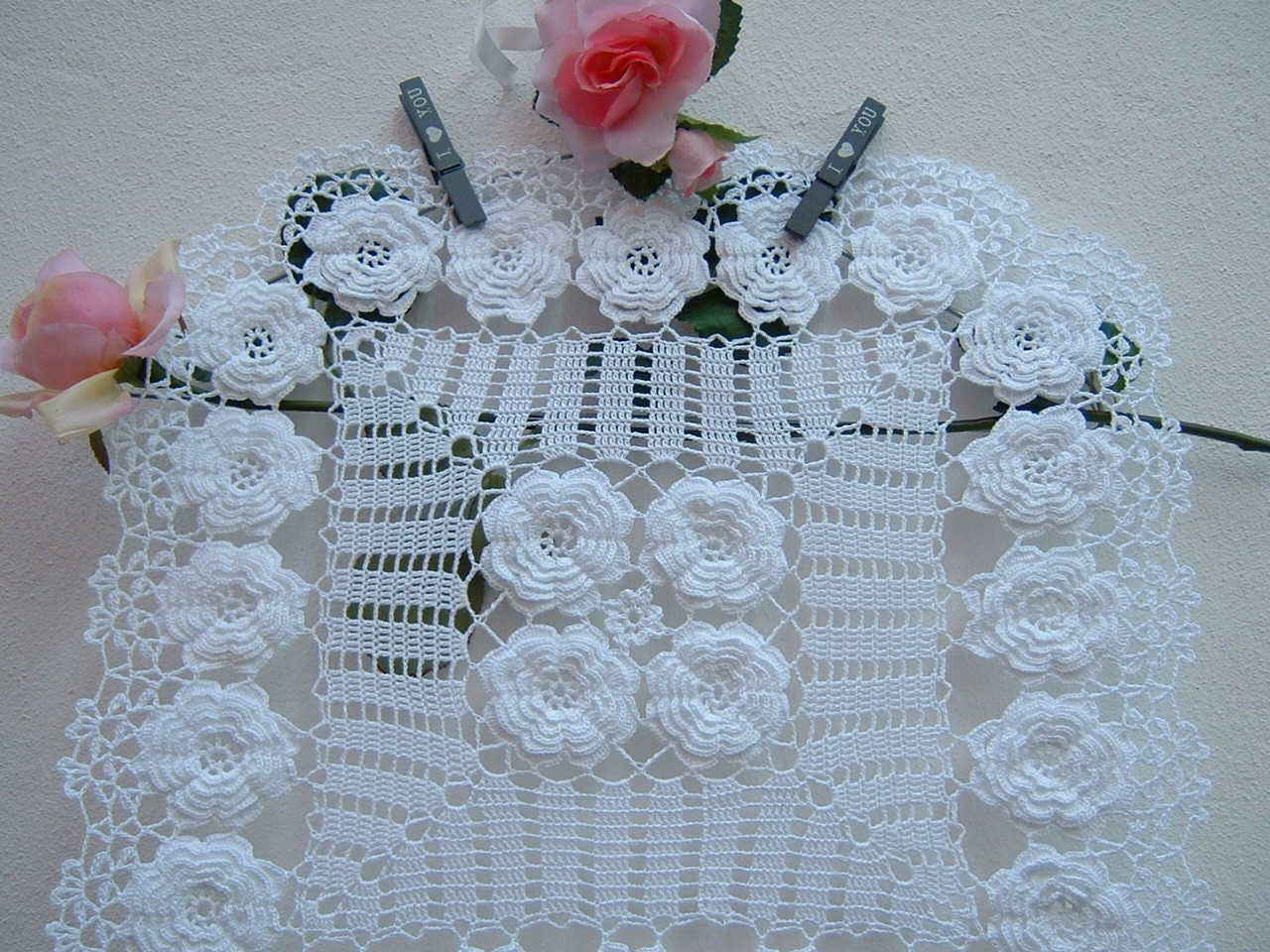 Square Crochet Center-centerpiece with Irish roses-white cotton ...