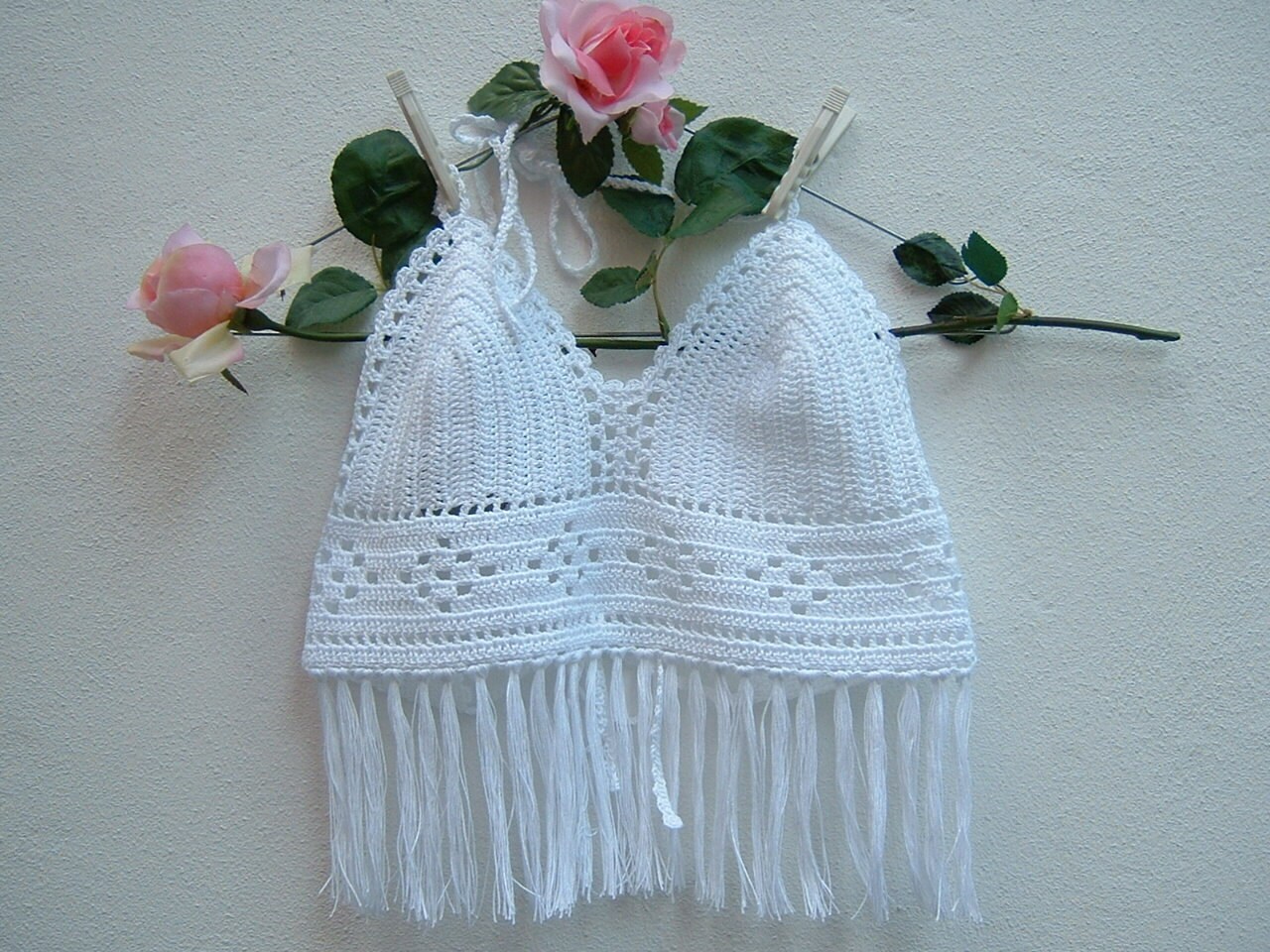 White crochet top-top hippie chic cotton-bra with fringes-Coachella ...