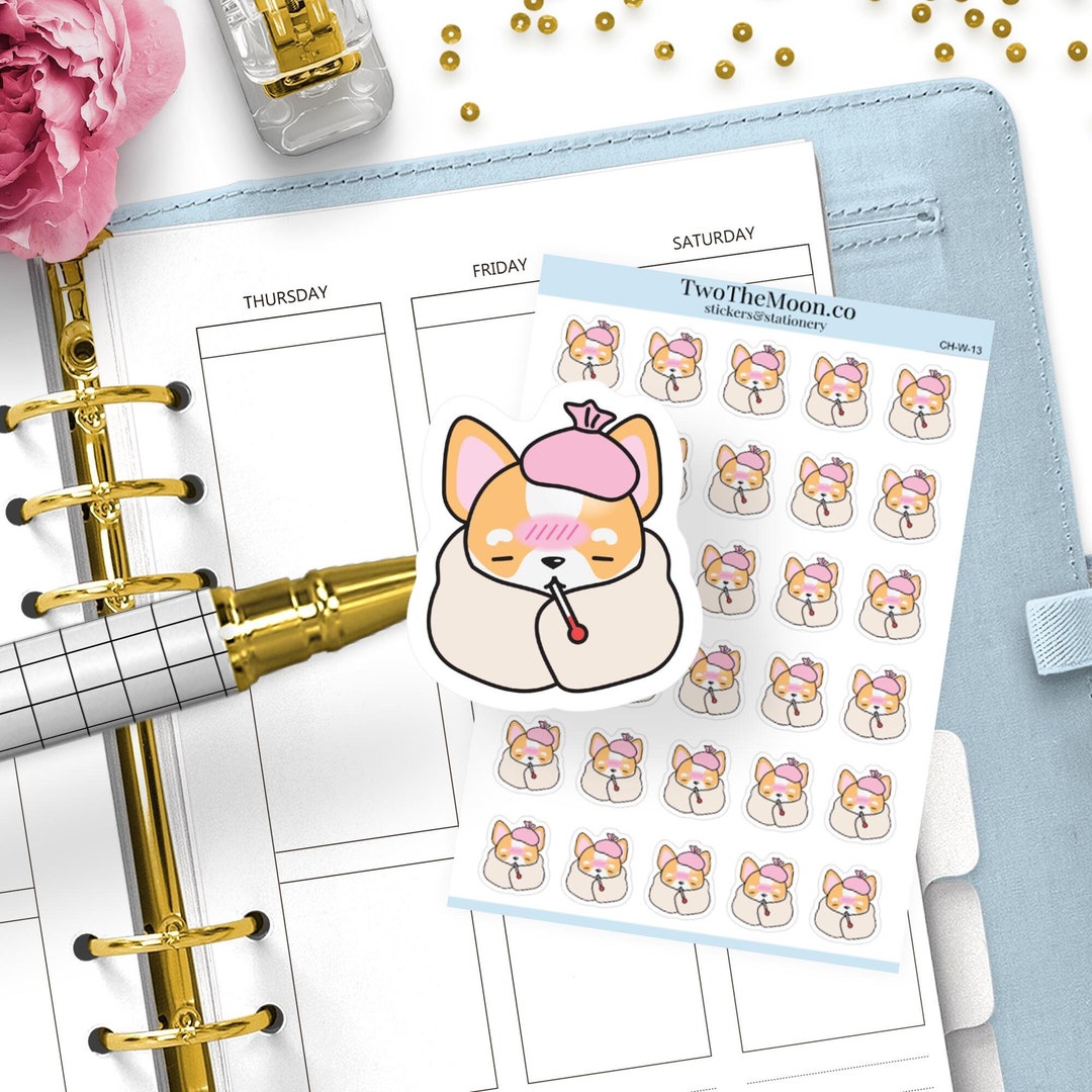 Winston Corgi Sick Stickers | Cute Icon Functional Planner Stickers for ...