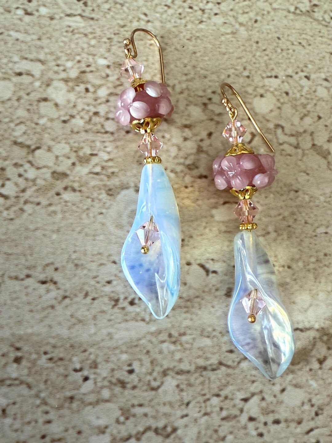 Calla Lily Earrings Calla Lily Opalite Earrings Carved Opalite Earrings Pink Lampwork Earrings ...