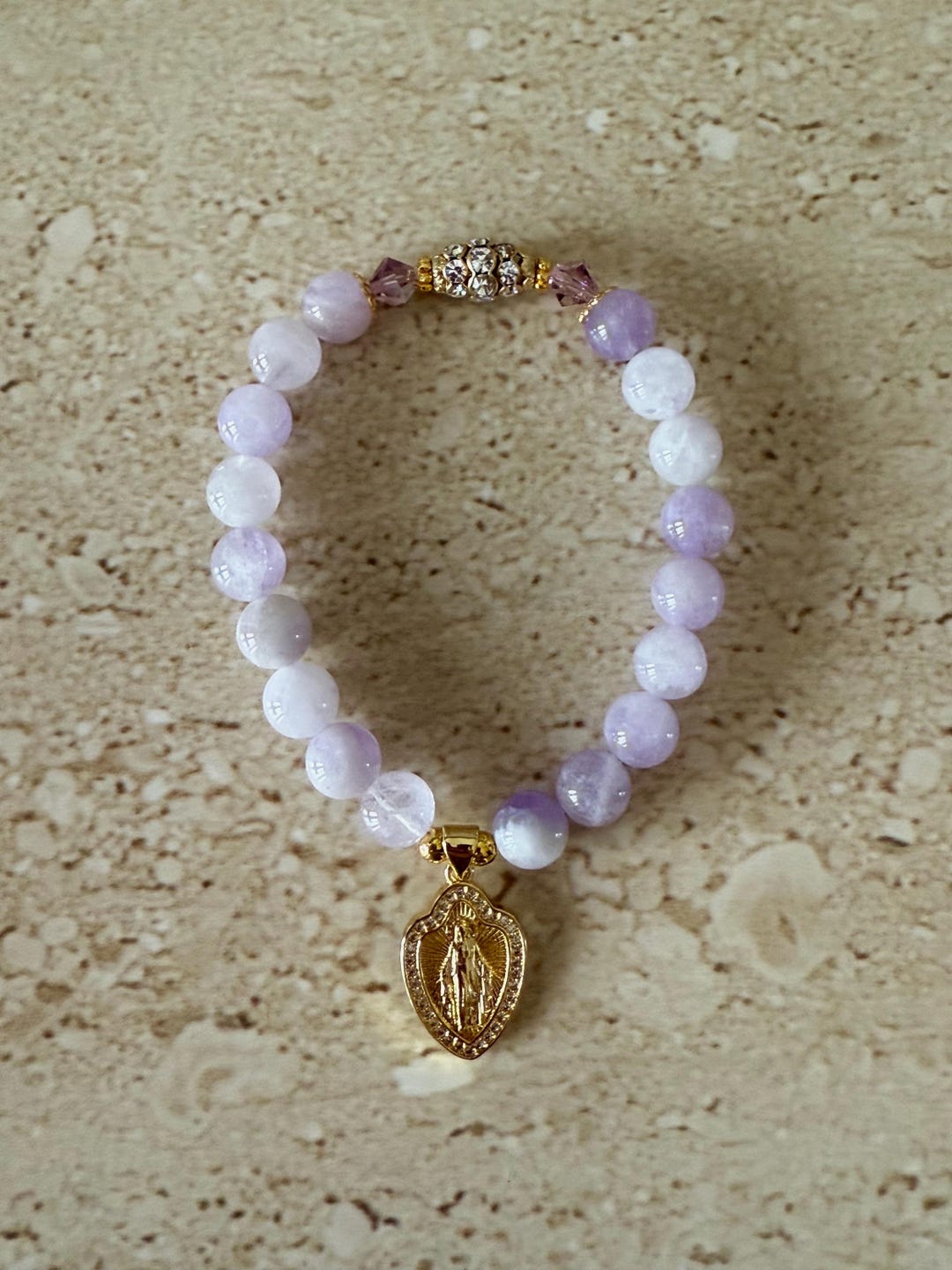 Virgin Mary Bracelet Blessed Mother Saint Mary Pink Amethyst Religious ...