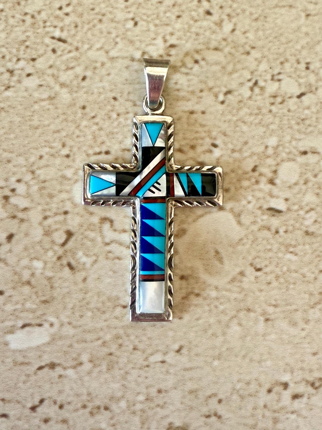 Zuni Cross Sterling Silver Multi Stone Inlay Cross Vintage Zuni Cross ...