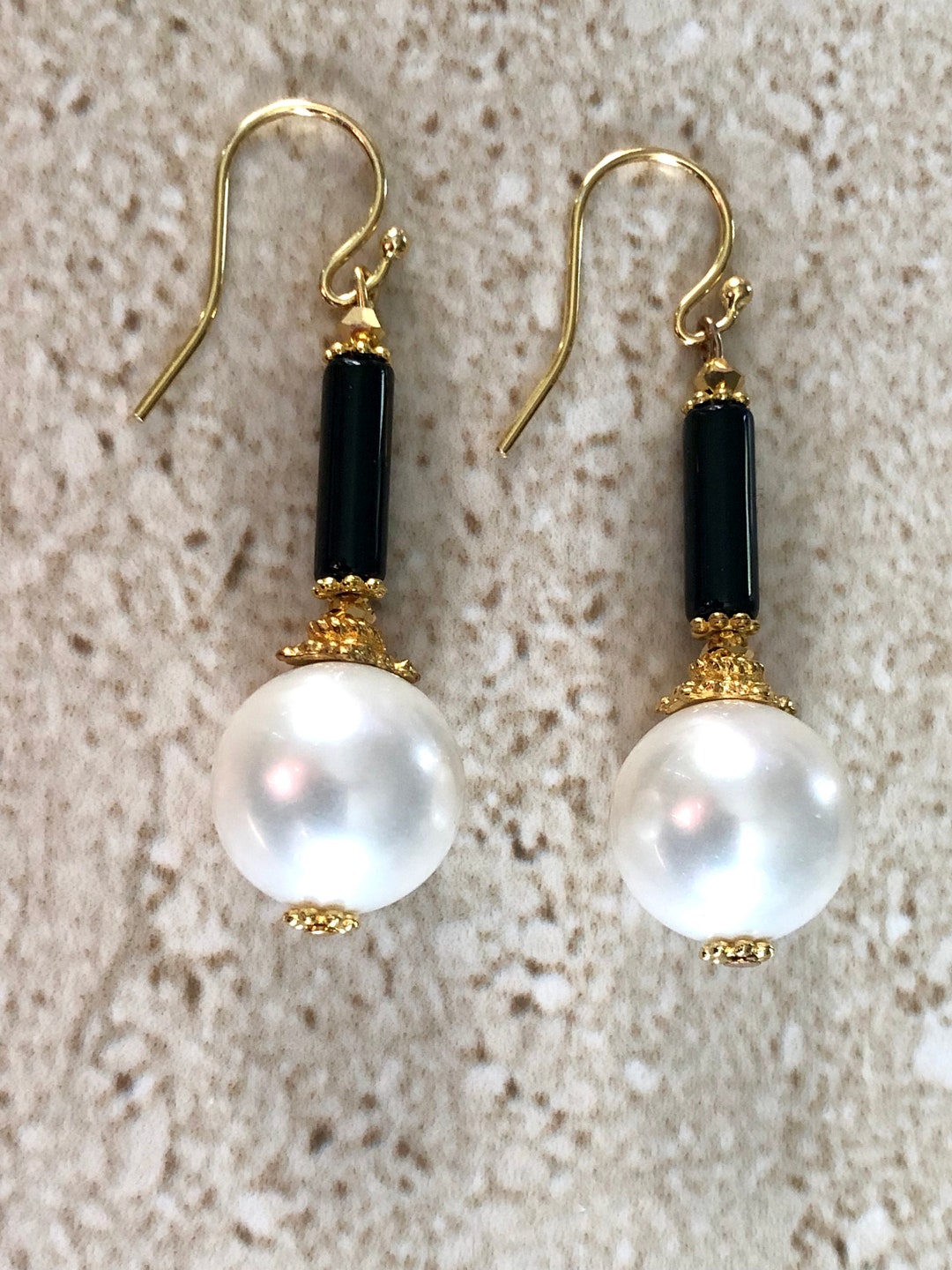Pearl Earrings Black Onyx Earrings Pearl and Onyx Dangle Earrings Pearl ...