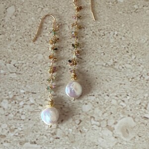 Tourmaline Earrings Long Rosary Chain Earrings Linear Coin Pearl ...