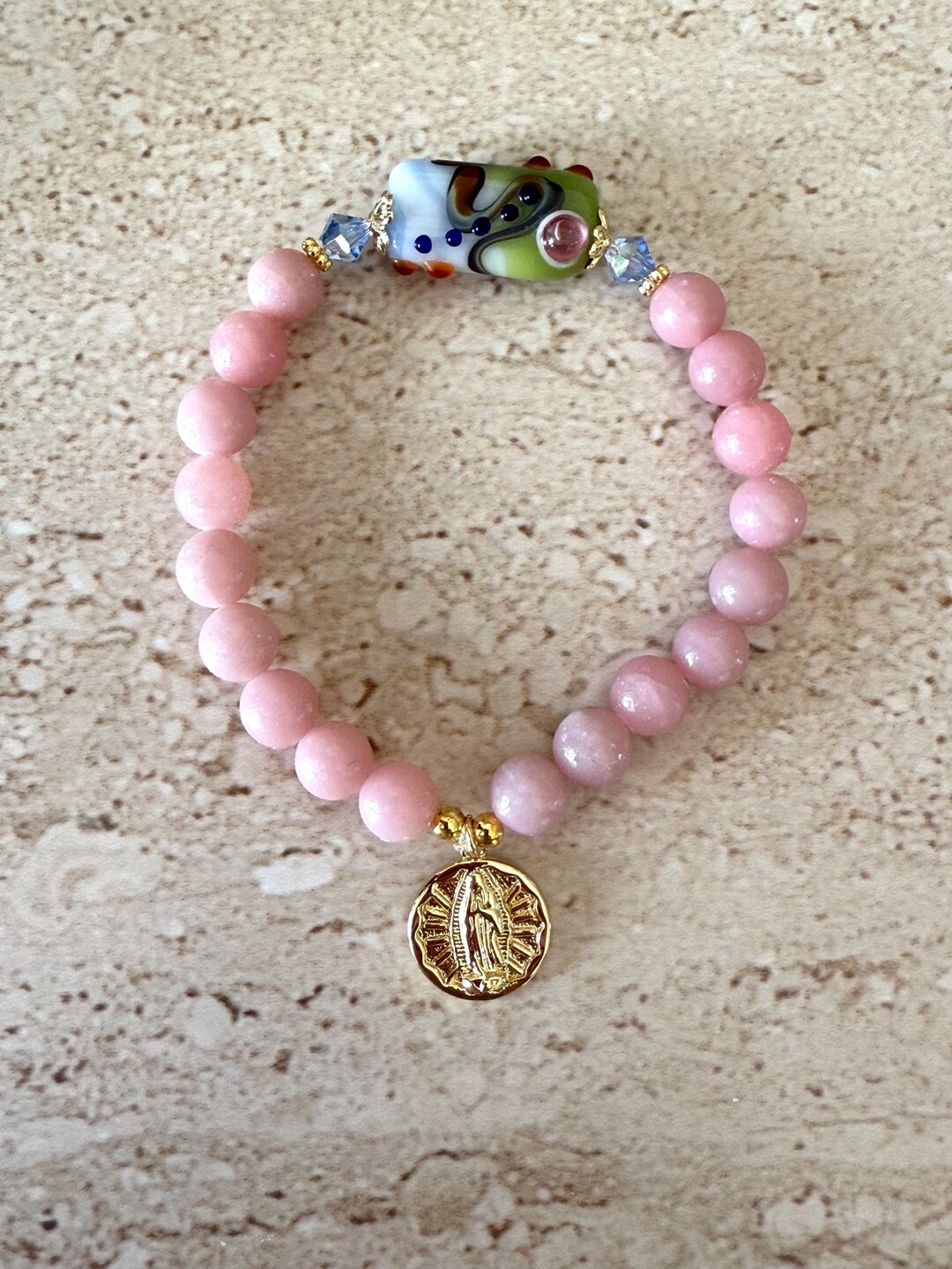 Our Lady of Guadalupe Bracelet Virgin Mary Bracelet Pink Jade Lampwork ...