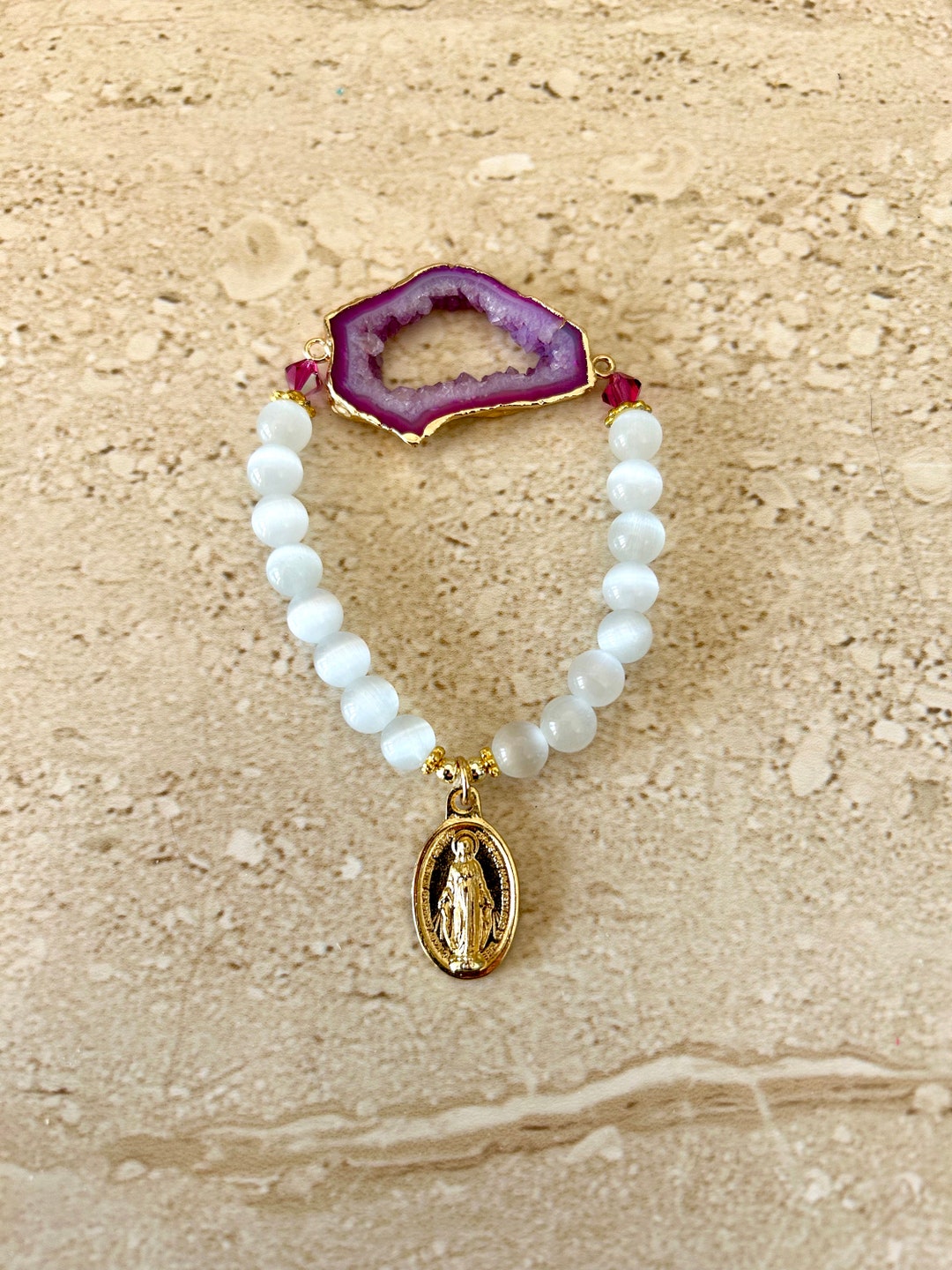 Virgin Mary Bracelet Blessed Mother Saint Mary Hot Pink Druzy Religious ...