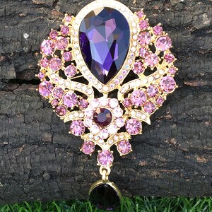 Extra Large Purple Rhinestone Drop Brooch Embellishment Broach Dangling ...
