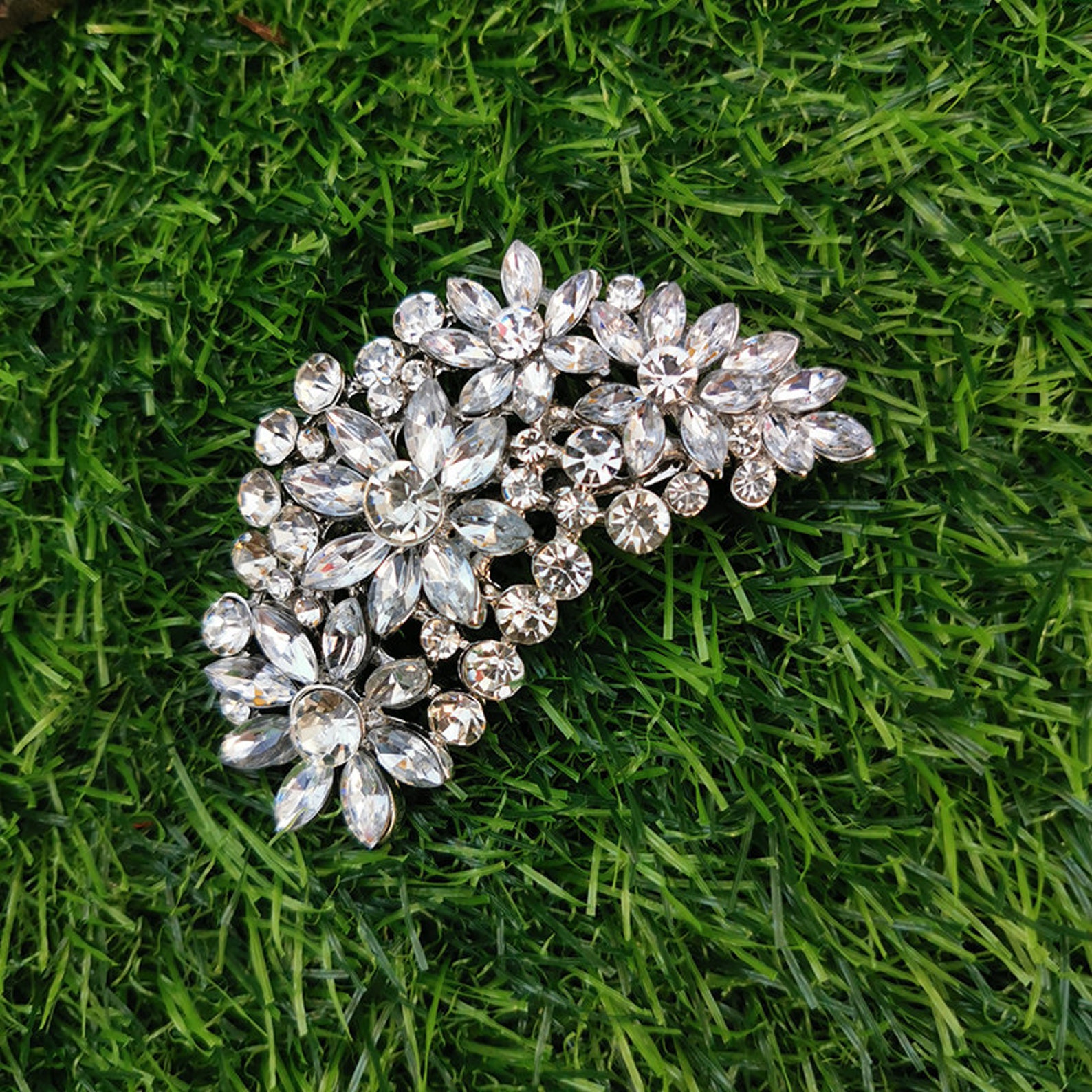 Large Long Rhinestone Brooch Silver Tone Clear Black Green - Etsy