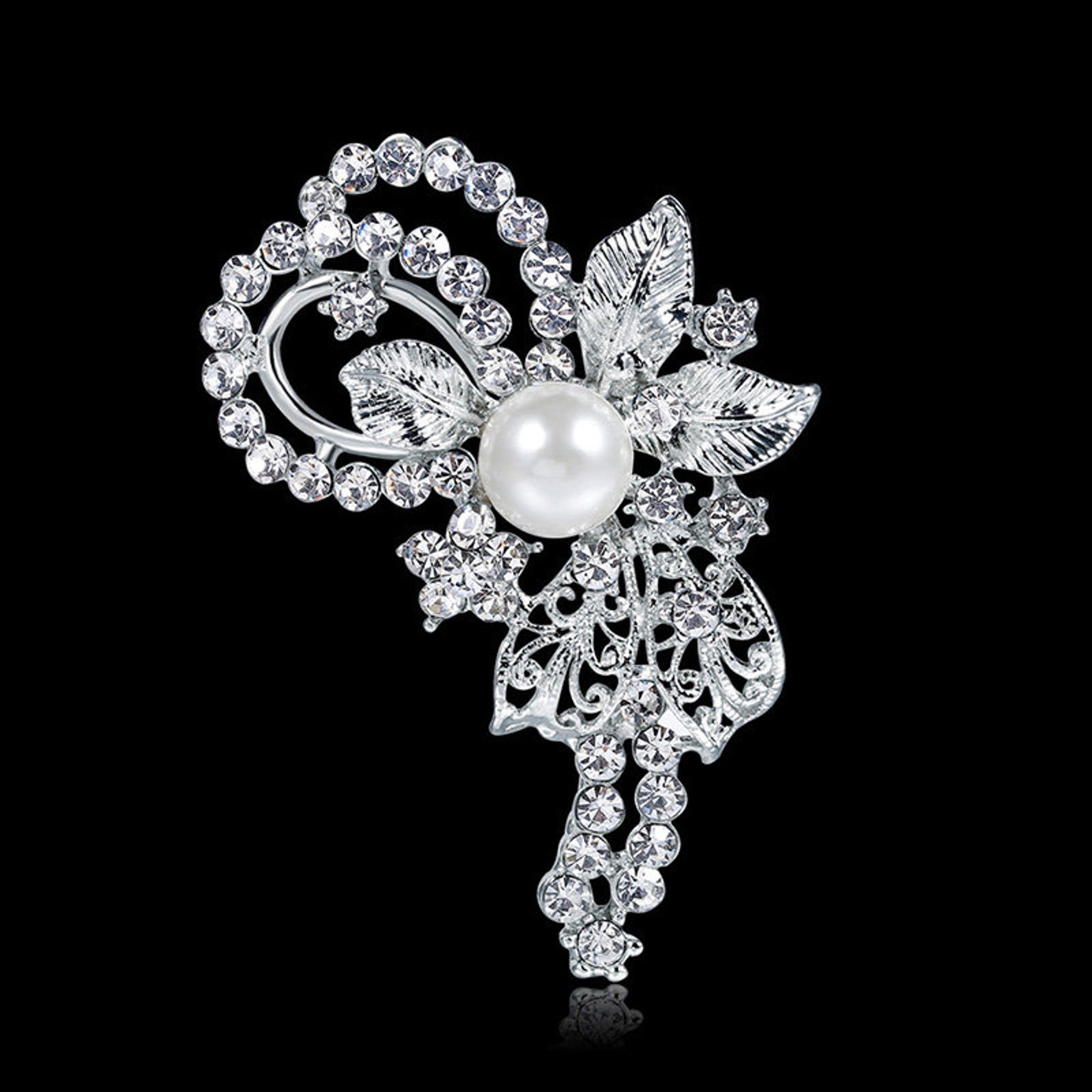 Silver Big Clear Flower Crystal Rhinestone Brooch Pins Wedding Etsy