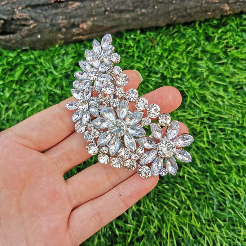 Large Long Rhinestone Brooch Silver Tone Clear Black Green - Etsy