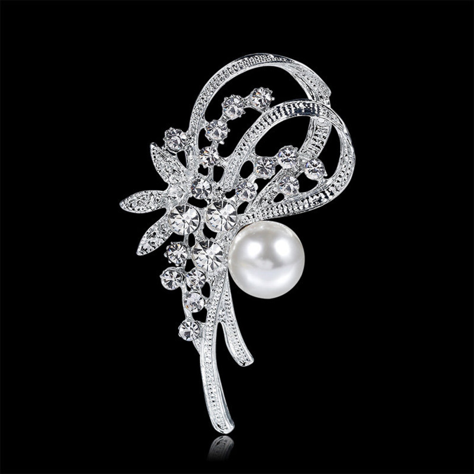 Silver Big Clear Flower Crystal Rhinestone Brooch Pins Wedding Etsy