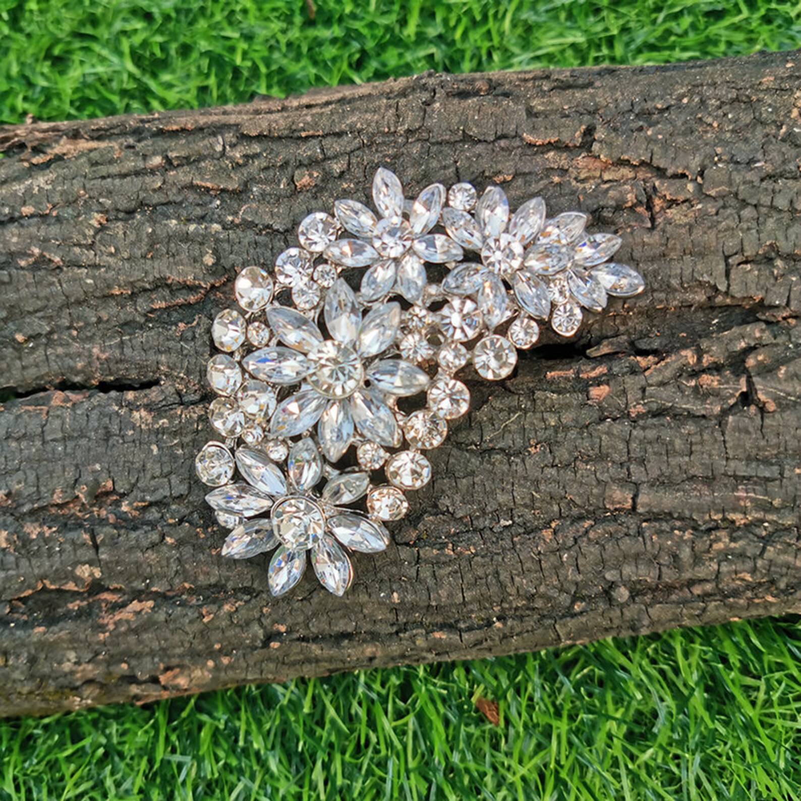 Large Long Rhinestone Brooch Silver Tone Clear Black Green - Etsy