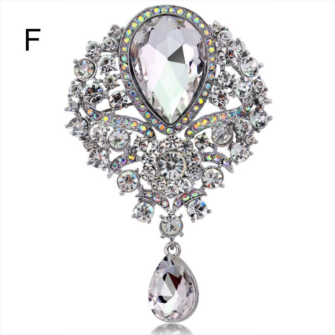 Extra Large Clear Rhinestone Drop Brooch Silver Tone Embellishment ...
