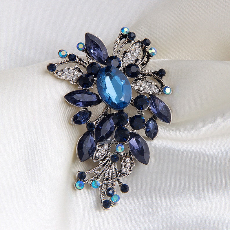 Long Rhinestone Brooch Silver Tone Navy Brooch Teardrop - Etsy