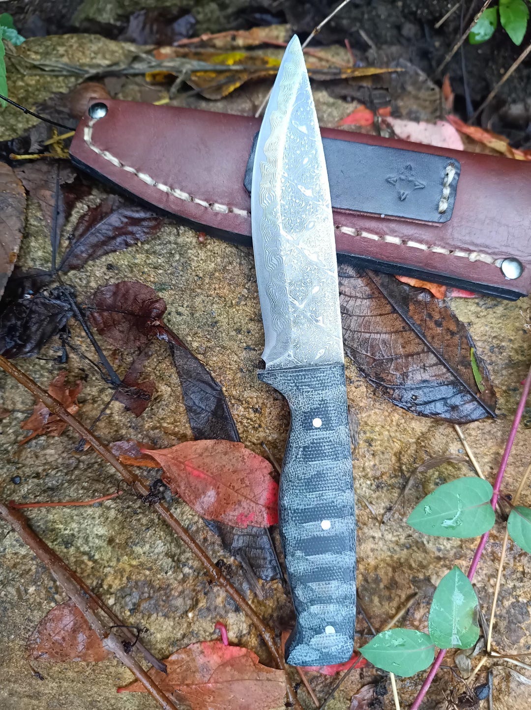 Hand Made Bushcraft Knife. Damascus Steel With Micarta Handle. Full ...