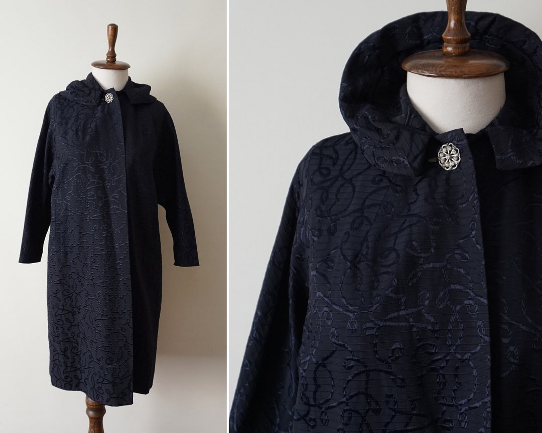 Jacquard Black Vintage Party Coat / Long Evening Jacket With Big ...