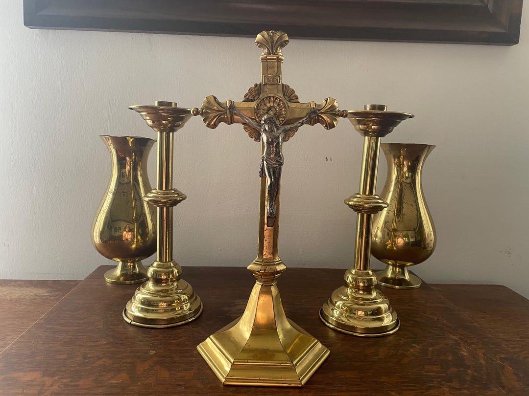 Antique Brass Altar Set With Memorial Inscription | Crucifix ...