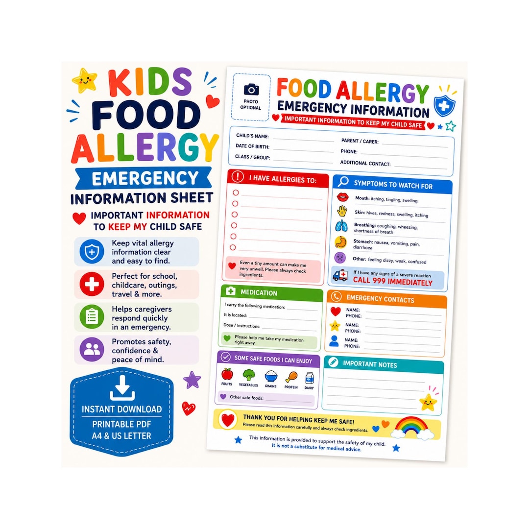 Kids Food Allergy Emergency Information Sheet Printable PDF | Child ...