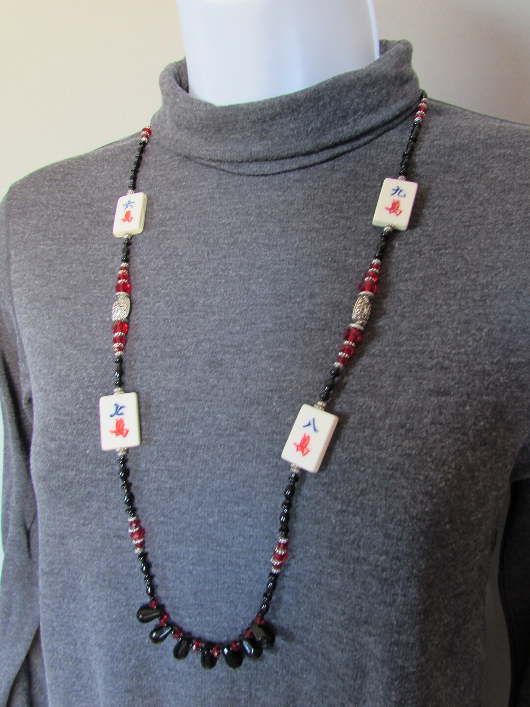 Mahjong Necklace With 6, 7, 8 & 9 Crack Bone Tiles and Czech Glass ...