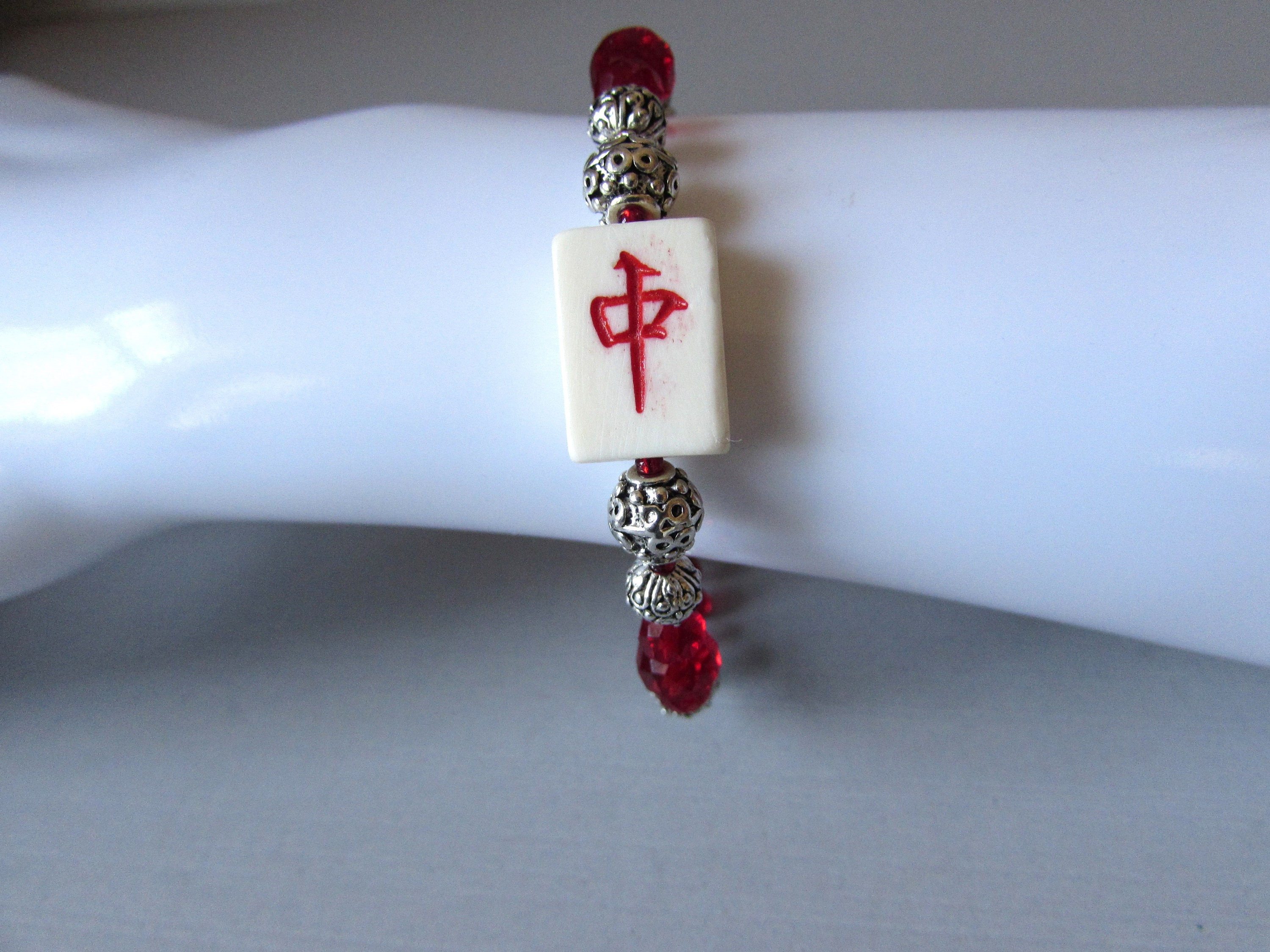 Mahjong Bracelet, Red Dragon Bone Tile Bead With Crystal & Silver ...