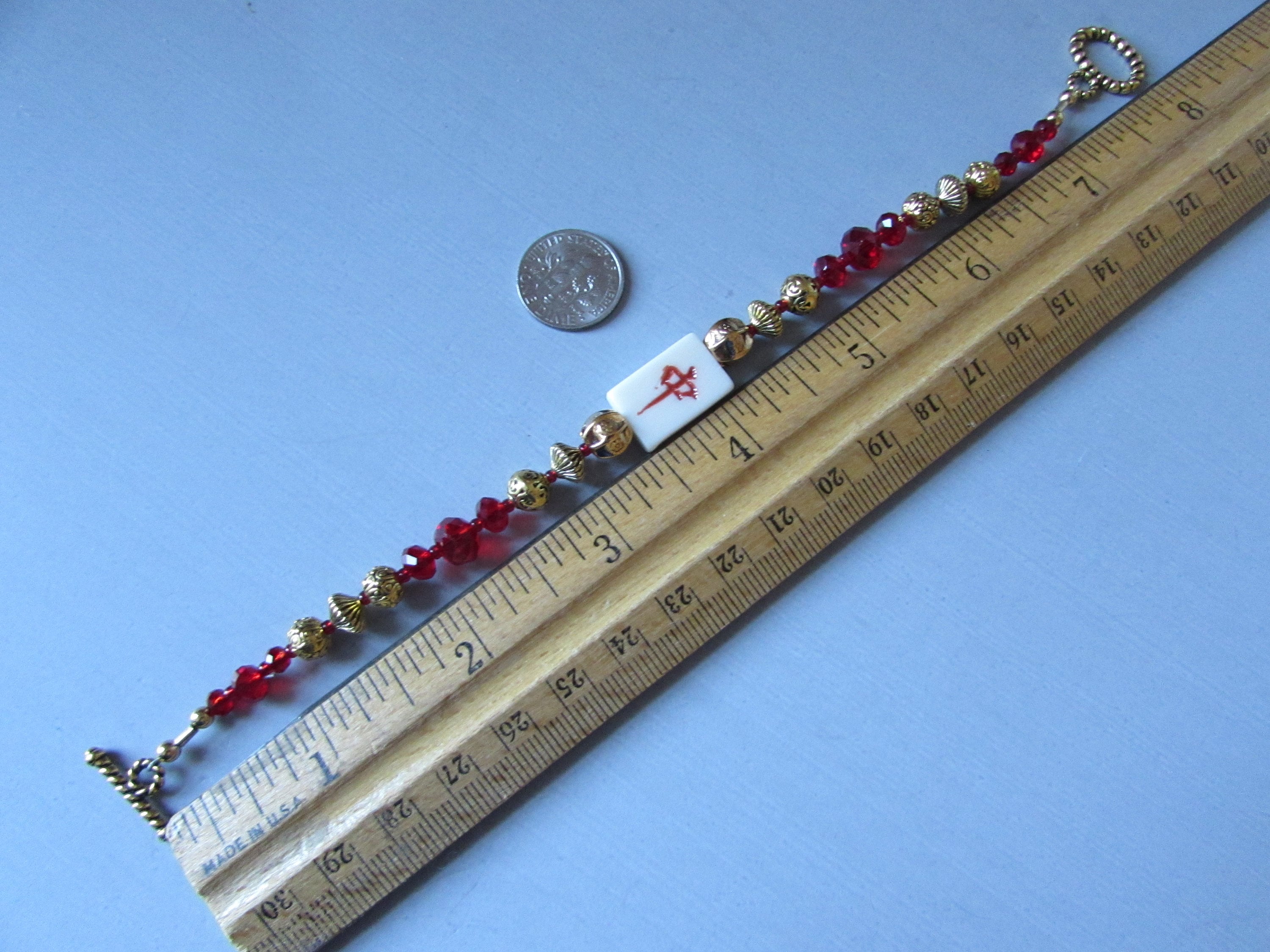 Mahjong Bracelet, Red Dragon Bone Tile Bead With Crystal & Gold Pewter ...