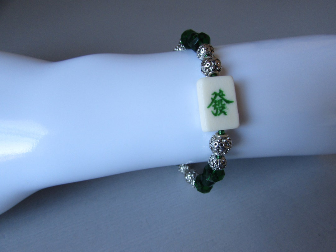 Mahjong Bracelet, Green Dragon Bone Tile Bead With Crystal & Silver ...