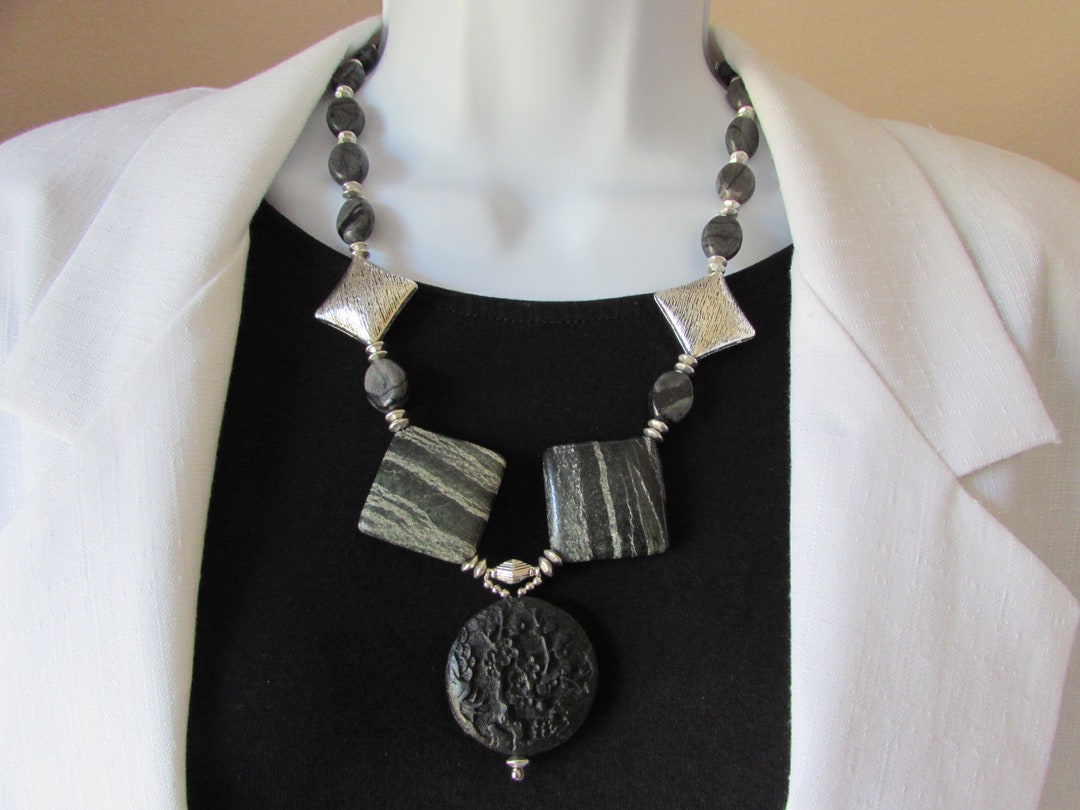 Cinnabar Cherry Blossom Pendant Necklace: Jasper, Silver Pewter, Floral ...