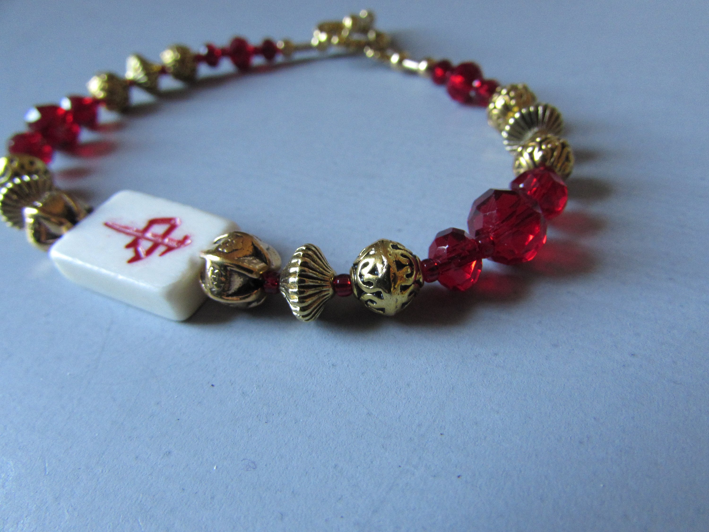 Mahjong Bracelet, Red Dragon Bone Tile Bead With Crystal & Gold Pewter ...