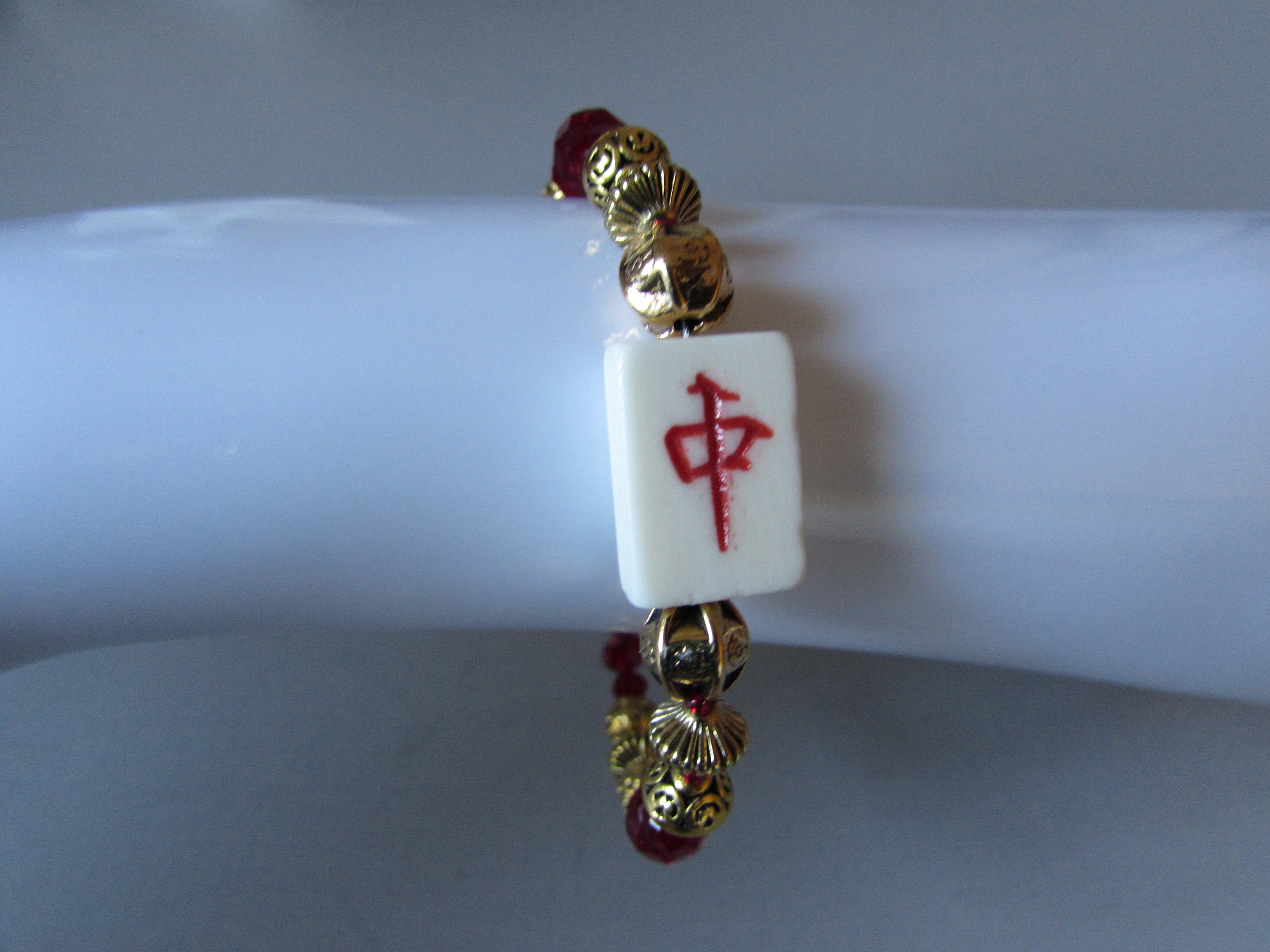 Mahjong Bracelet, Red Dragon Bone Tile Bead With Crystal & Gold Pewter ...