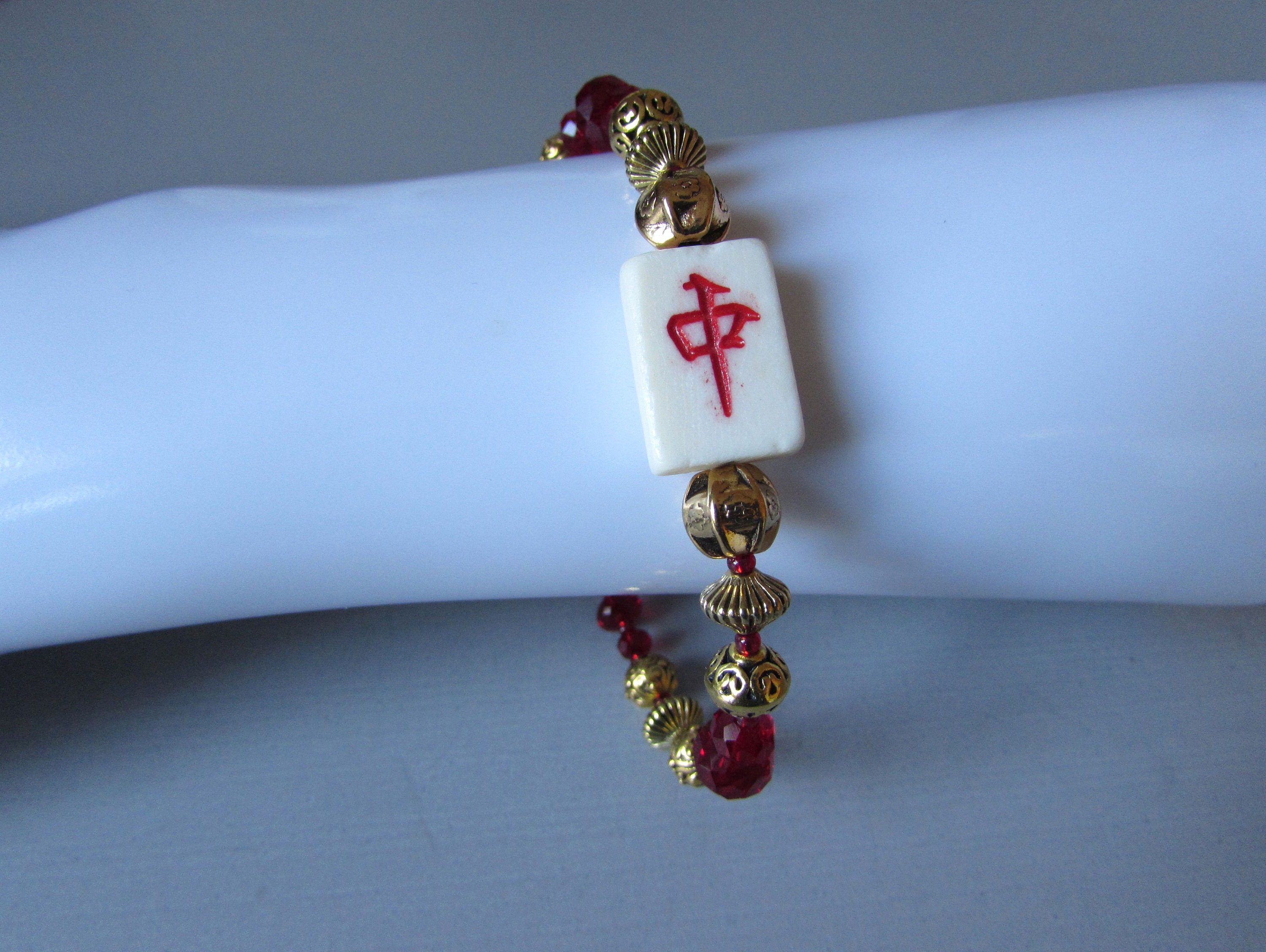 Mahjong Bracelet, Red Dragon Bone Tile Bead With Crystal & Gold Pewter ...