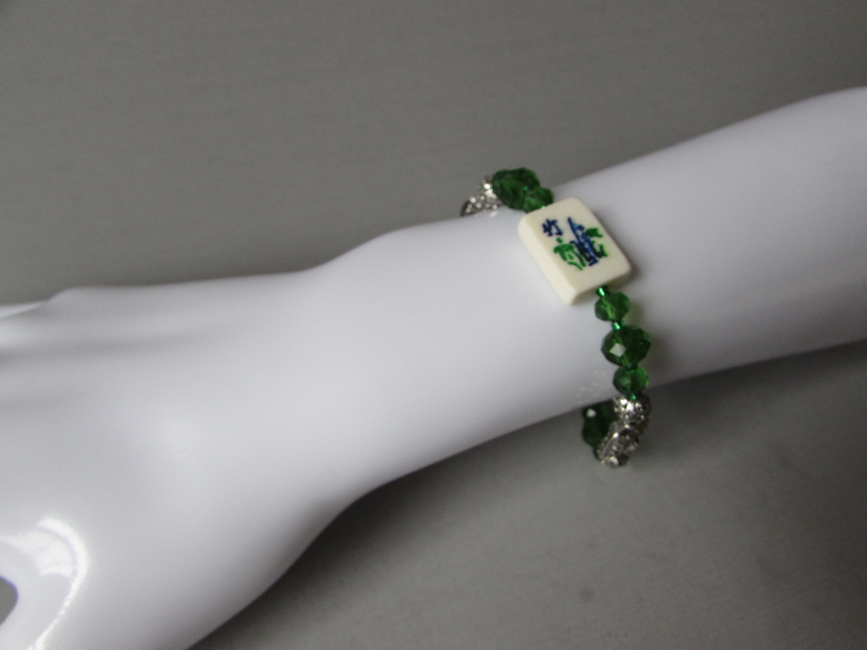 Mahjong Bracelet With Bamboo Flower Bone Tile Bead, Crystal & Silver ...