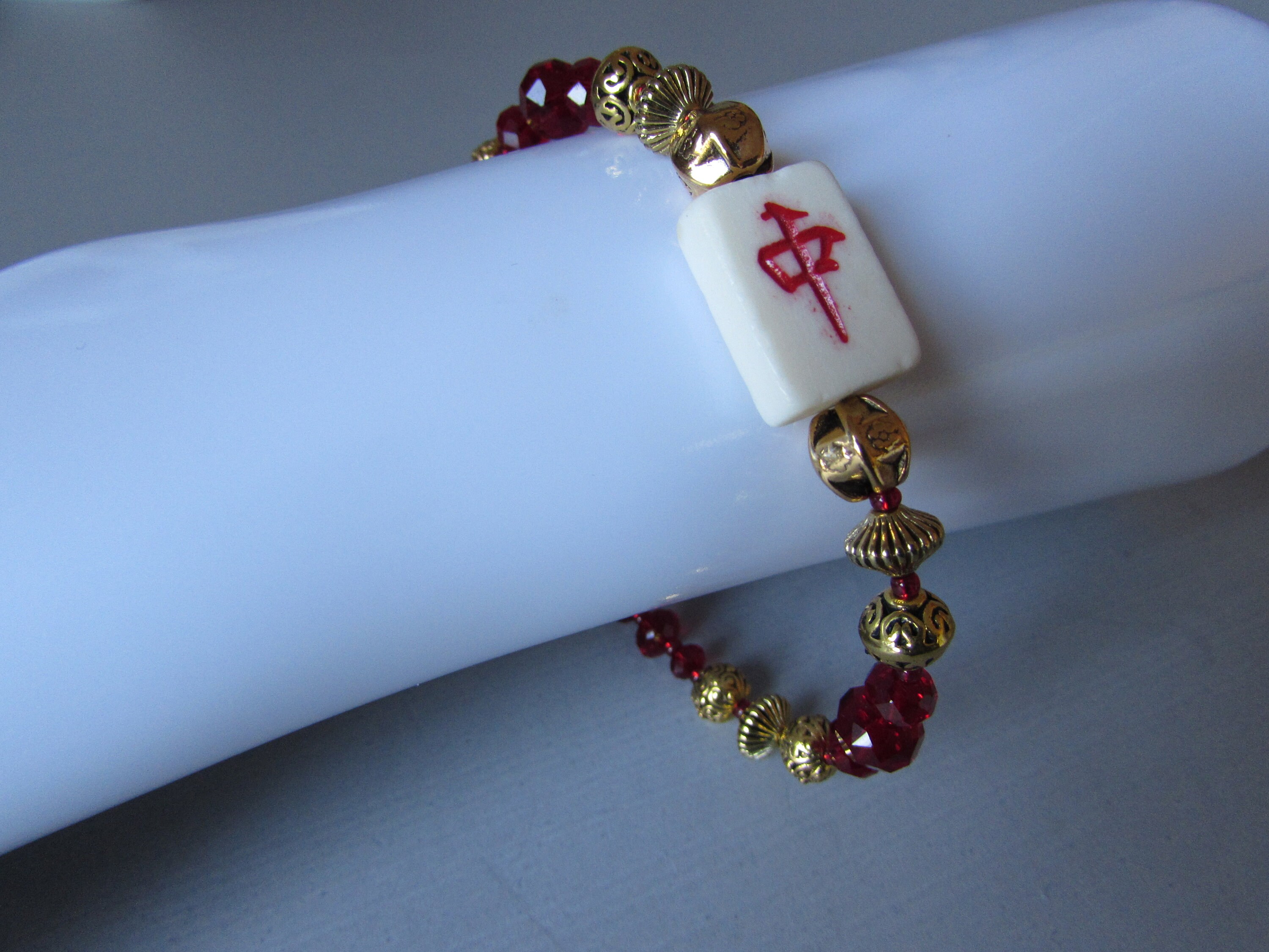 Mahjong Bracelet, Red Dragon Bone Tile Bead With Crystal & Gold Pewter ...