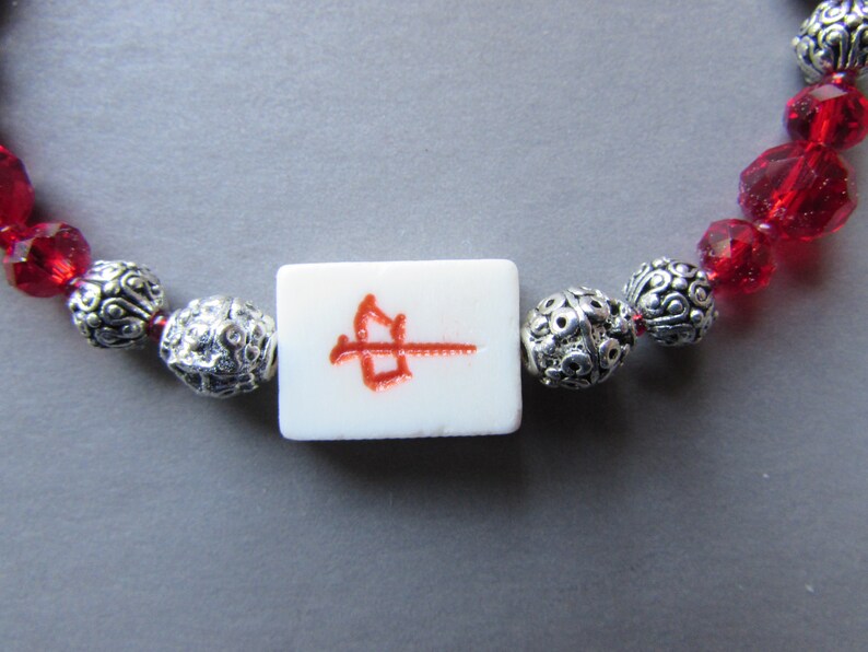 Mahjong Bracelet, Red Dragon Bone Tile Bead With Crystal & Silver ...