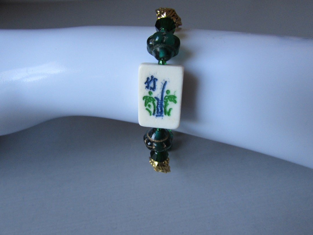 Mahjong Bracelet, Bamboo Flower Bone Tile Bead With Crystal & Gold ...