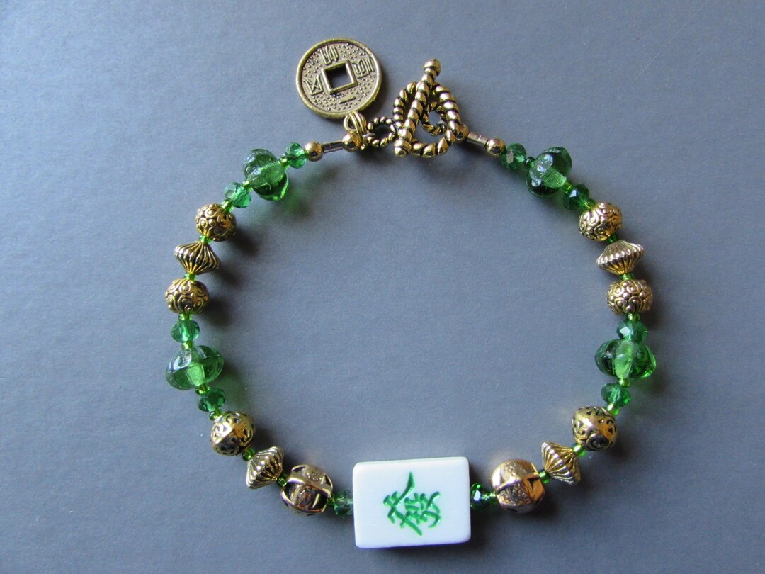 Mahjong Bracelet, Green Dragon Bone Tile Bead With Crystal & Gold ...