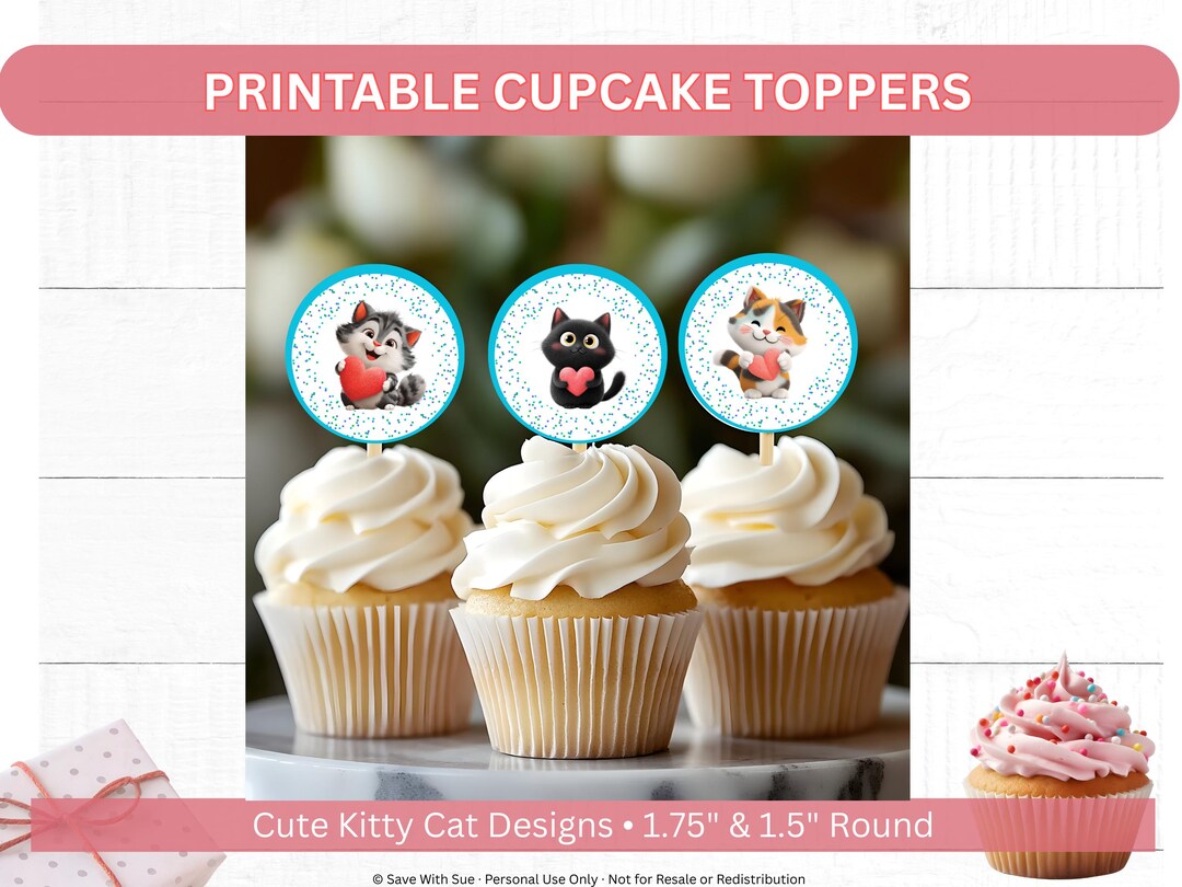 Printable Kitty Cat Cupcake Topper Stickers 1.5 & 1.75 Inch Kids Party ...