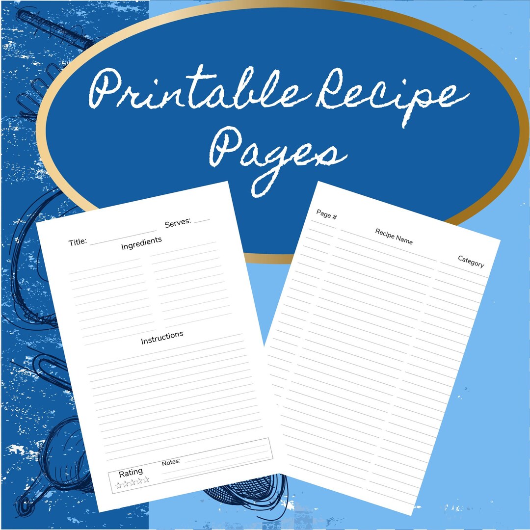Printable Recipe Page and Index Page, Blank Recipe Page Download to ...