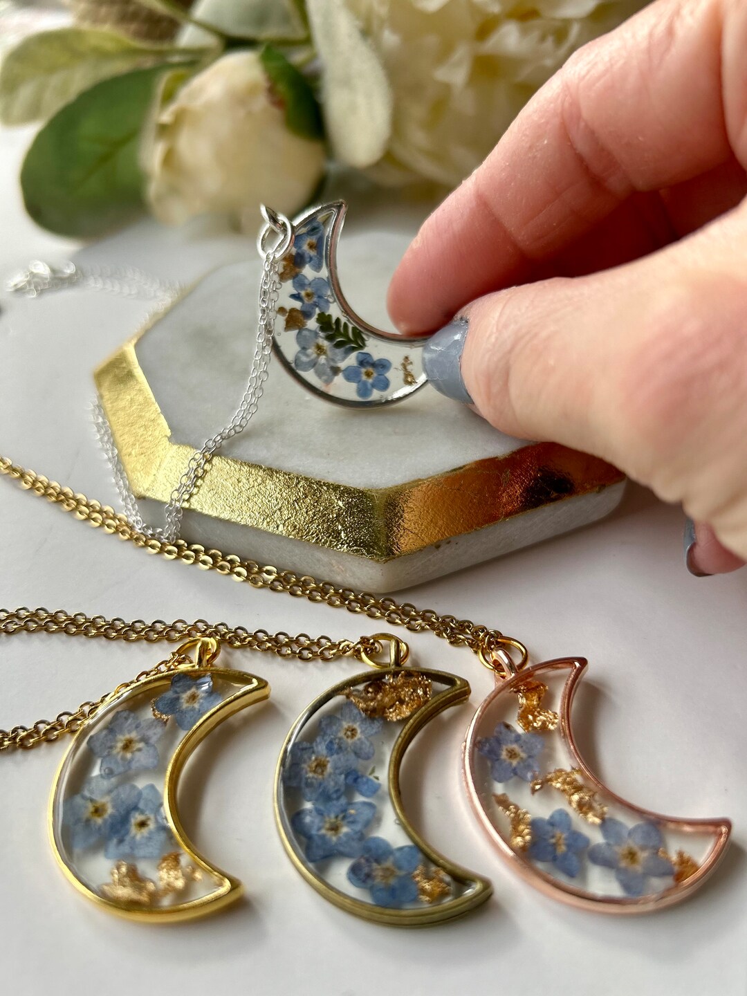 Resin Floral Moon Pendant - Etsy
